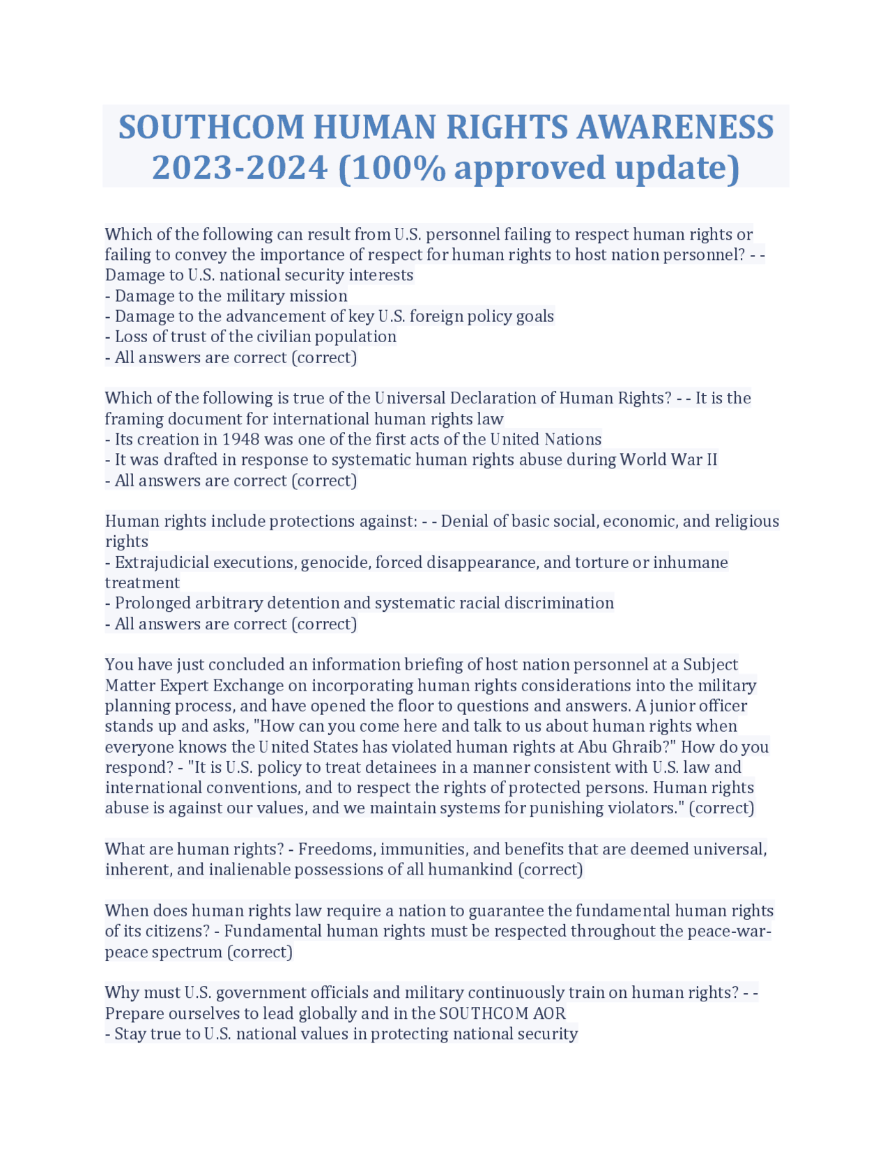 SOUTHCOM HUMAN RIGHTS AWARENESS 2023-2024 (100% approved update ...