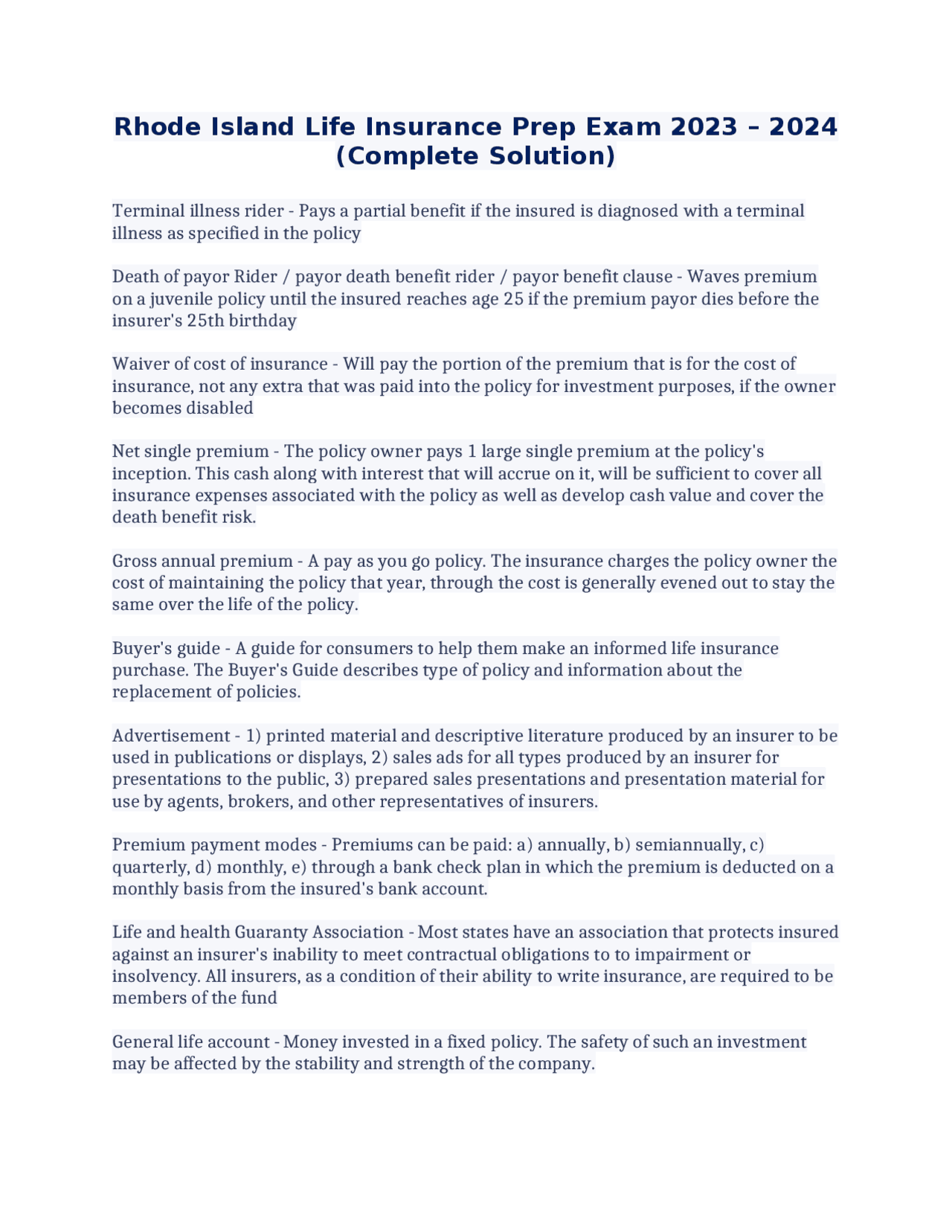 Rhode Island Life Insurance Prep Exam 2023 – 2024 (Complete Solution ...