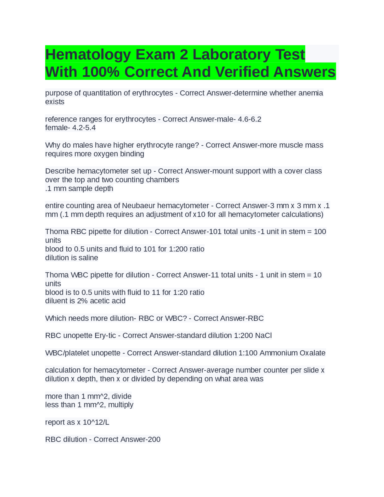 Hematology Exam 2 Laboratory Test With 100% Correct And Verified ...