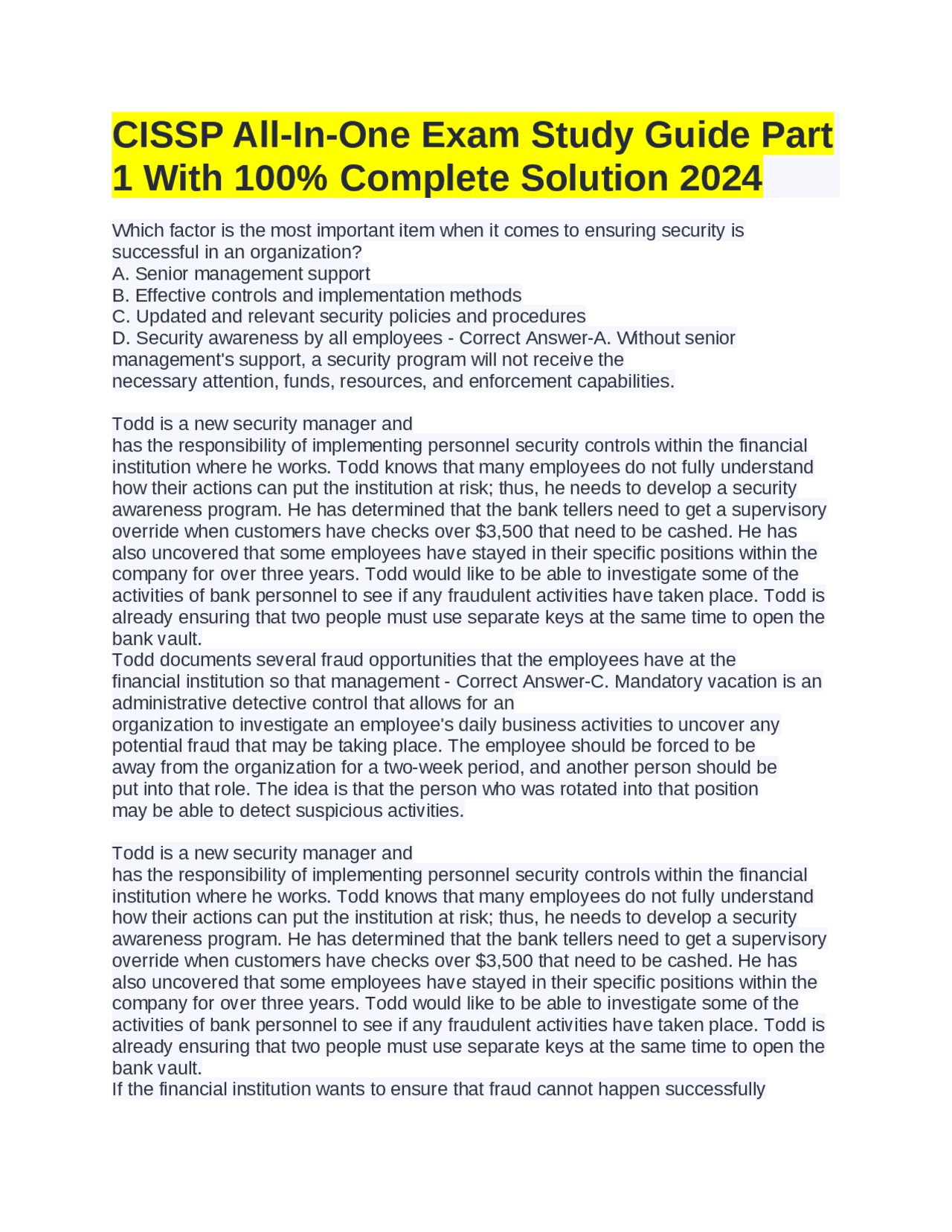 CISSP All-In-One Exam Study Guide Part 1 With 100% Complete Solution 2024 | Exams Advanced ...