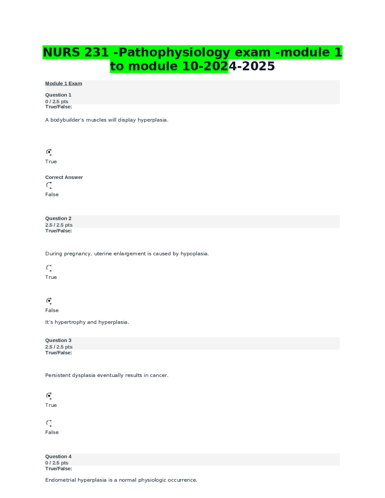 NURS 231 -Pathophysiology exam -module 1 to module 10-2024-2025.docx ...