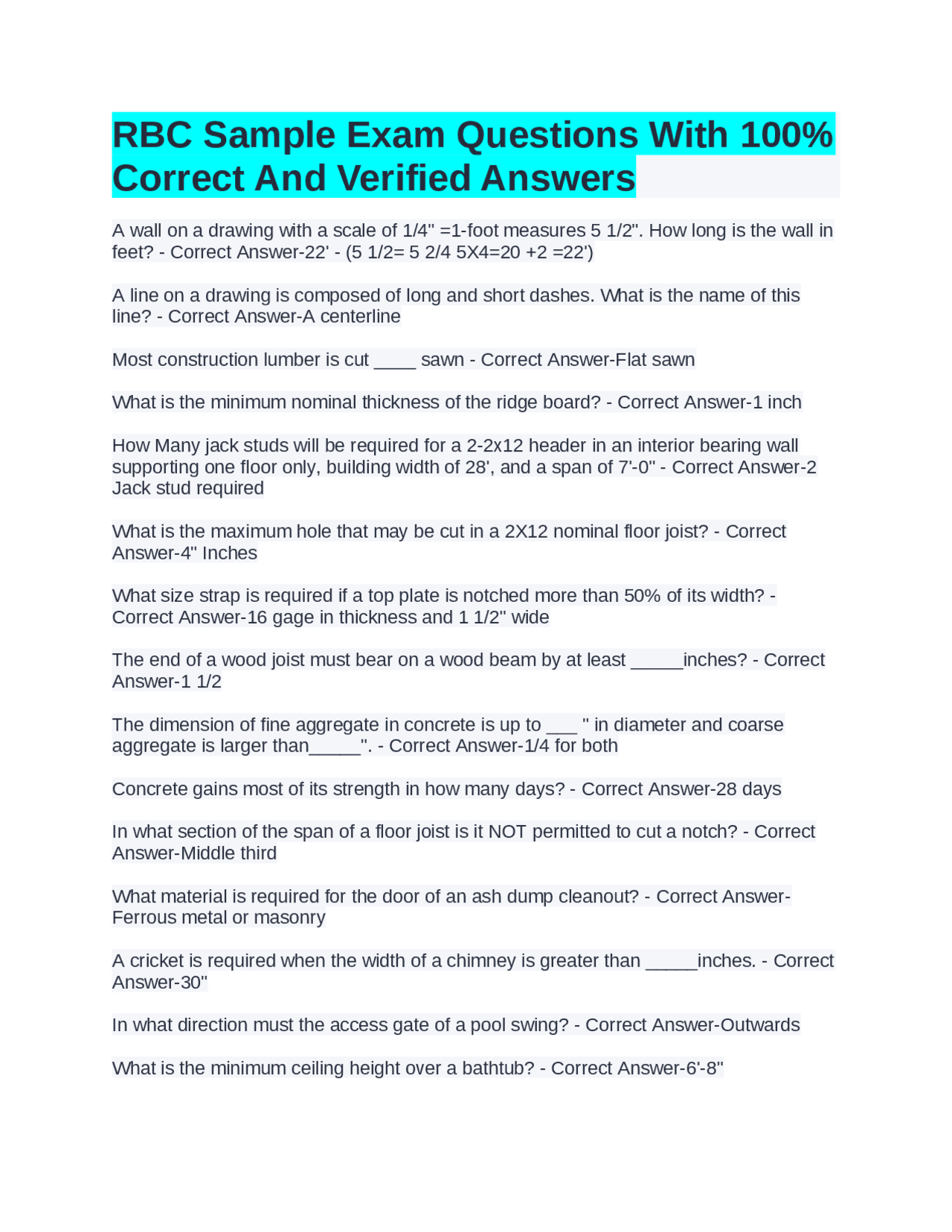RBC Sample Exam Questions With 100% Correct And Verified Answers ...