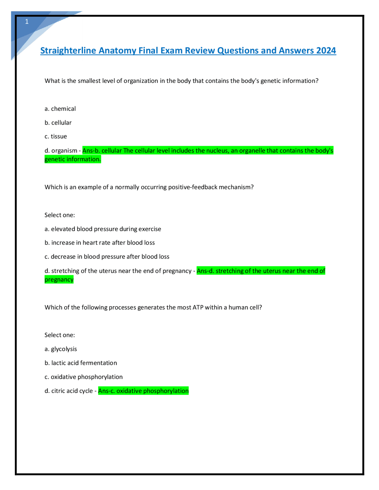 Straighterline Anatomy Final Exam Review Questions and Answers 2024 ...