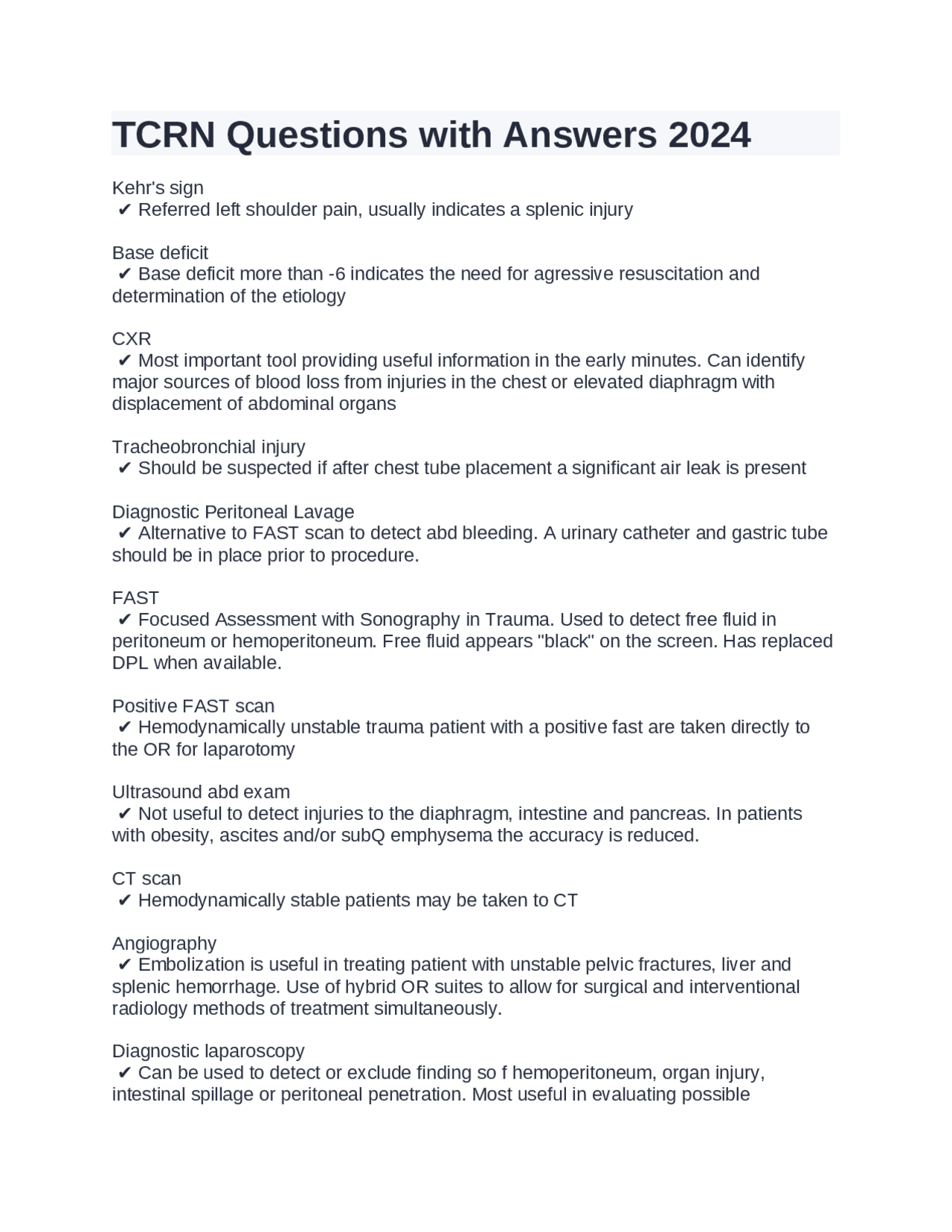 TCRN Questions with Answers 2024 | Exams Nursing | Docsity