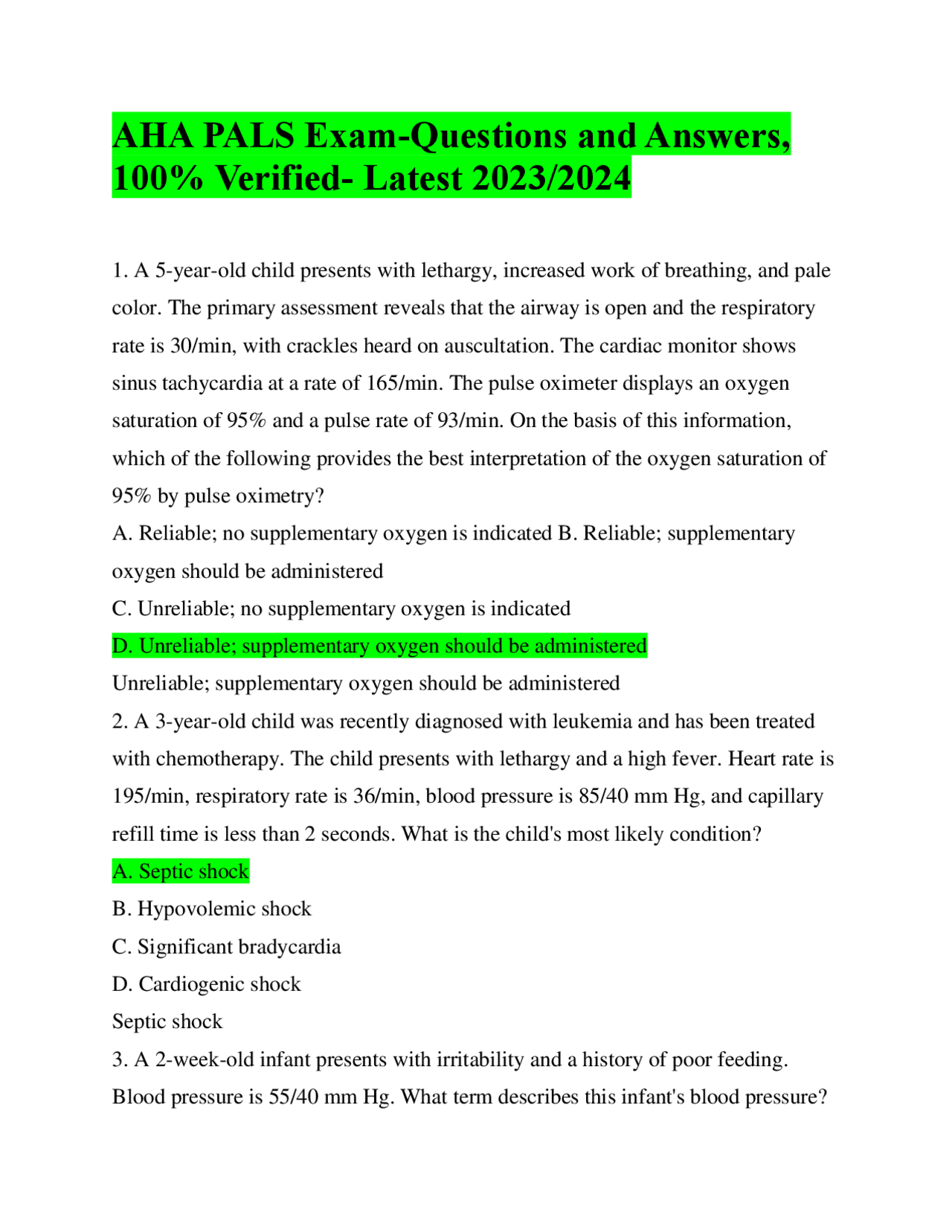 AHA PALS Exam-Questions and Answers, 100% Verified- Latest 2023/2024 ...