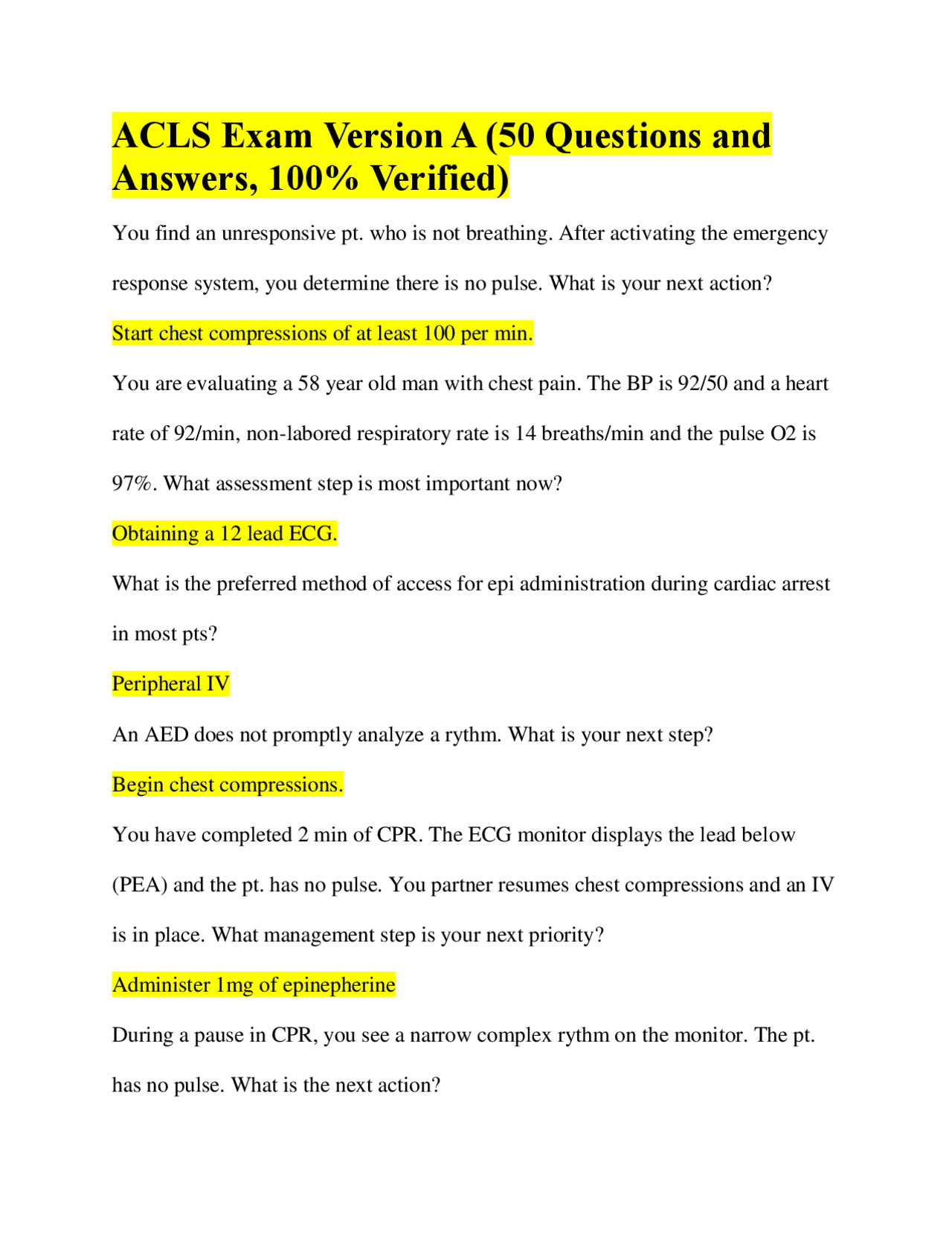 ACLS Exam Version A (50 Questions and Answers, 100% Verified) | Exams ...