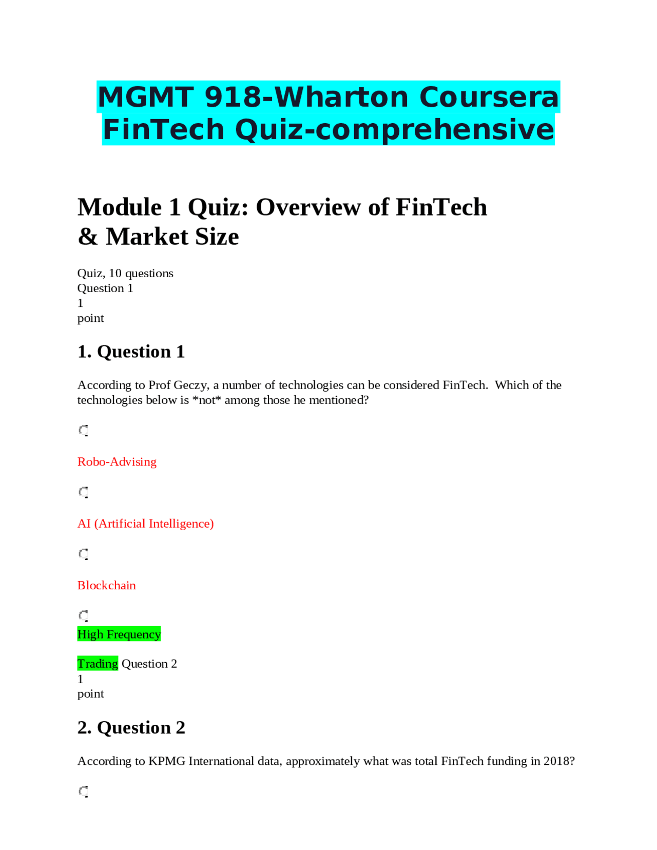 MGMT 918-Wharton Coursera FinTech Quiz-comprehensive.docx | Exams ...