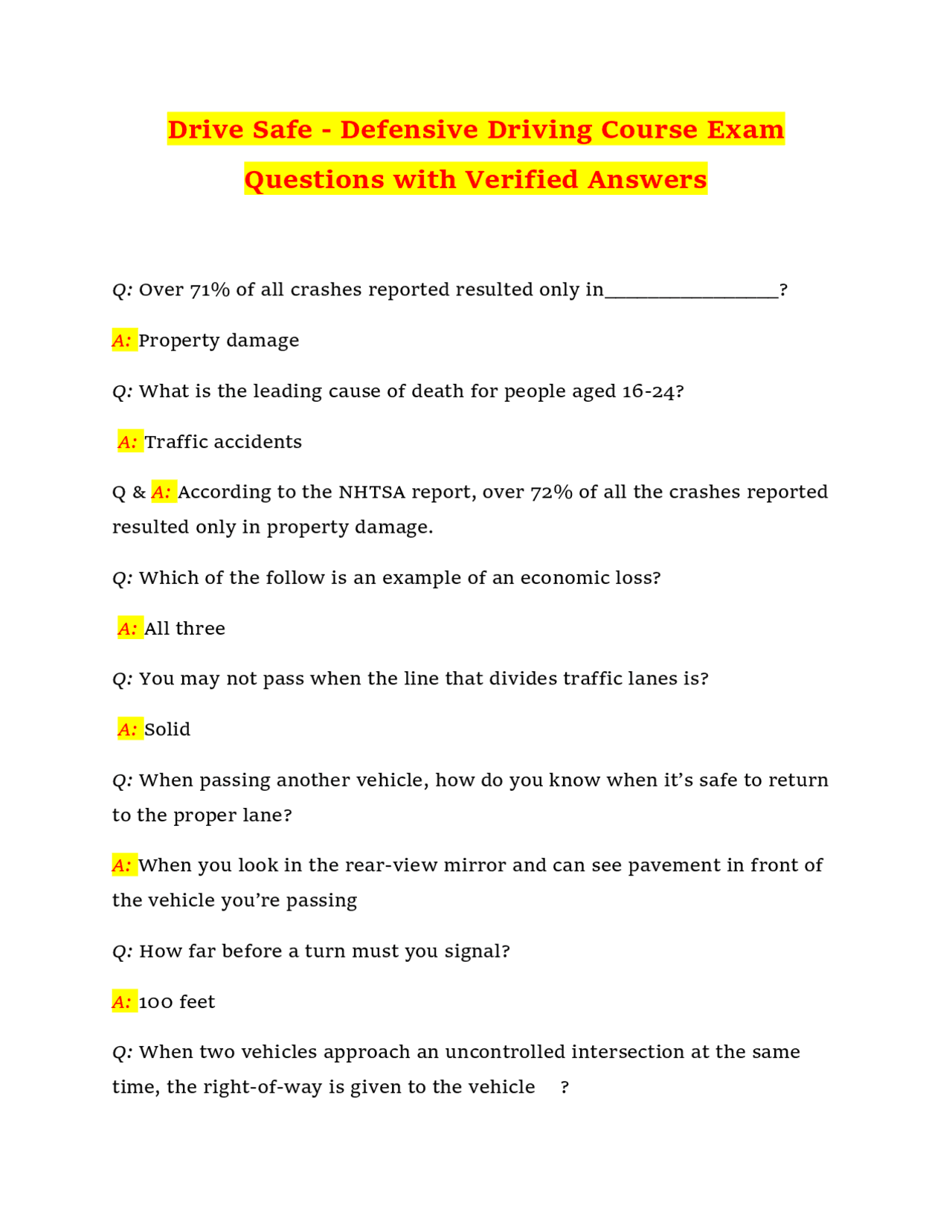 Drive Safe - Defensive Driving Course Exam Questions with Verified Answers | Exams Nursing | Docsity