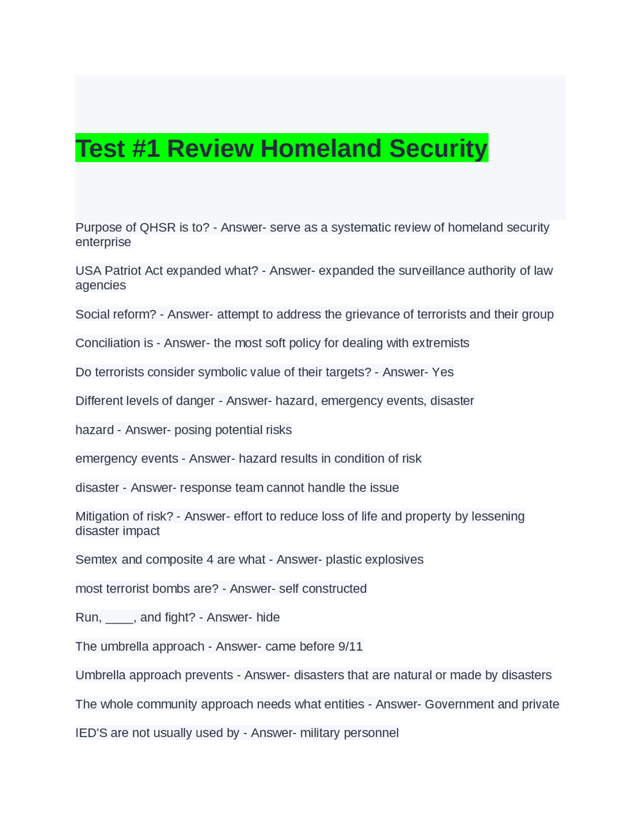 Test #1 Review Homeland Security Questions and Answers | Exams Social ...