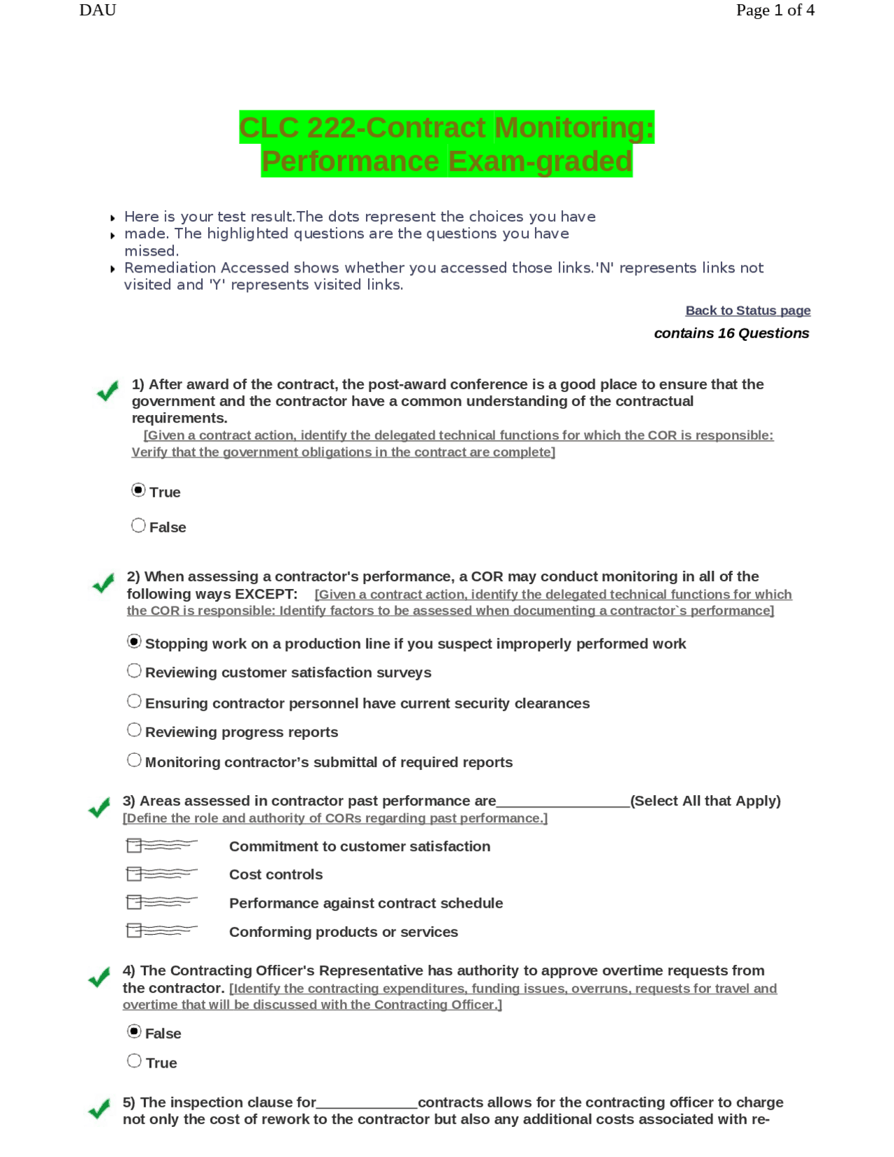 CLC 222-Contract Monitoring- Performance Exam-graded.docx | Exams Business Fundamentals | Docsity