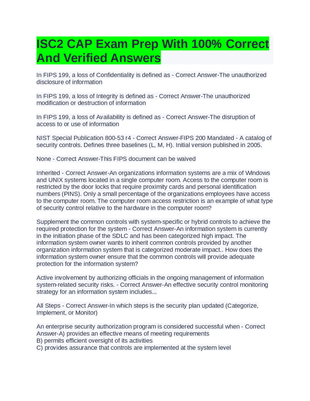 ISC2 CAP Exam Prep With 100% Correct And Verified Answers | Exams ...