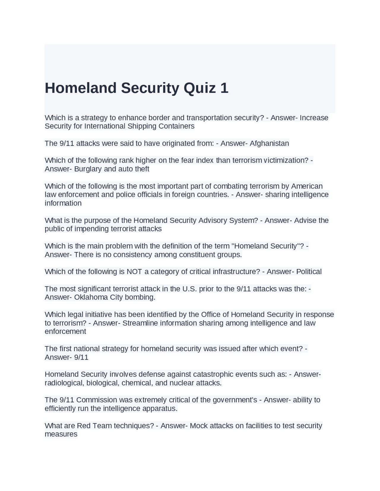 Homeland Security Quiz 1 with complete solutions | Exams Social Security Law | Docsity