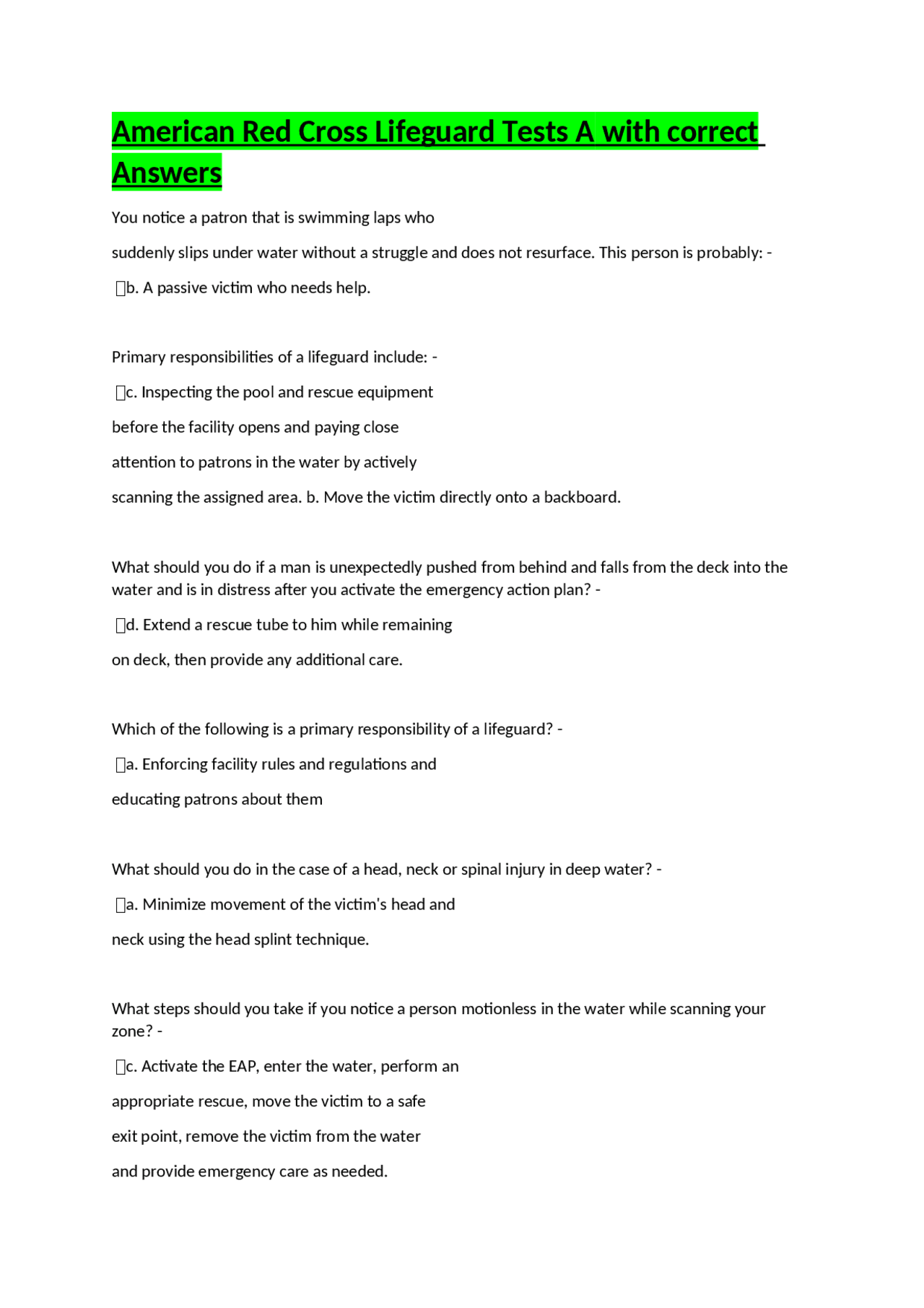 American Red Cross Lifeguard Tests A With Correct Answers Exams
