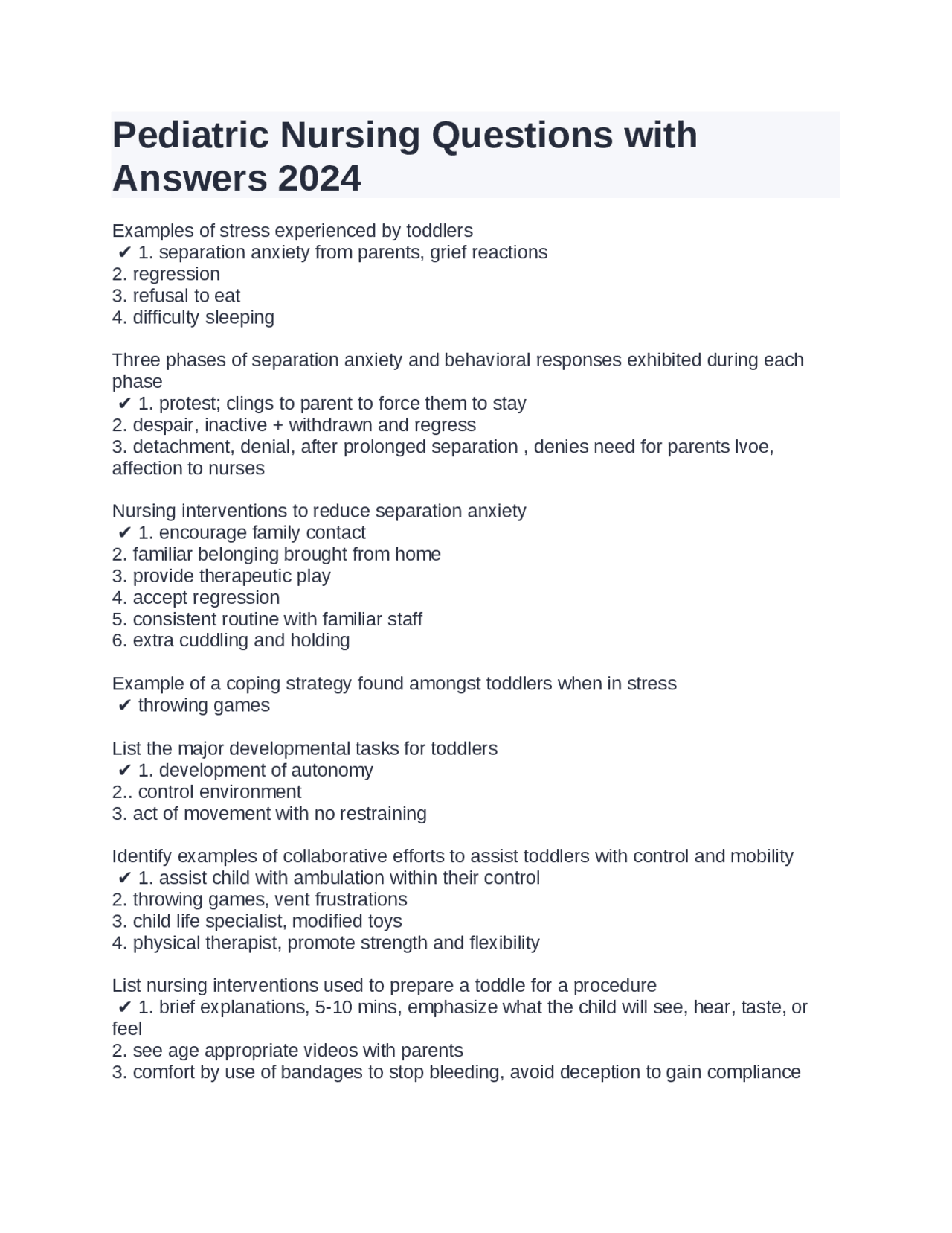 Pediatric Nursing Questions with Answers 2024 | Exams Nursing | Docsity