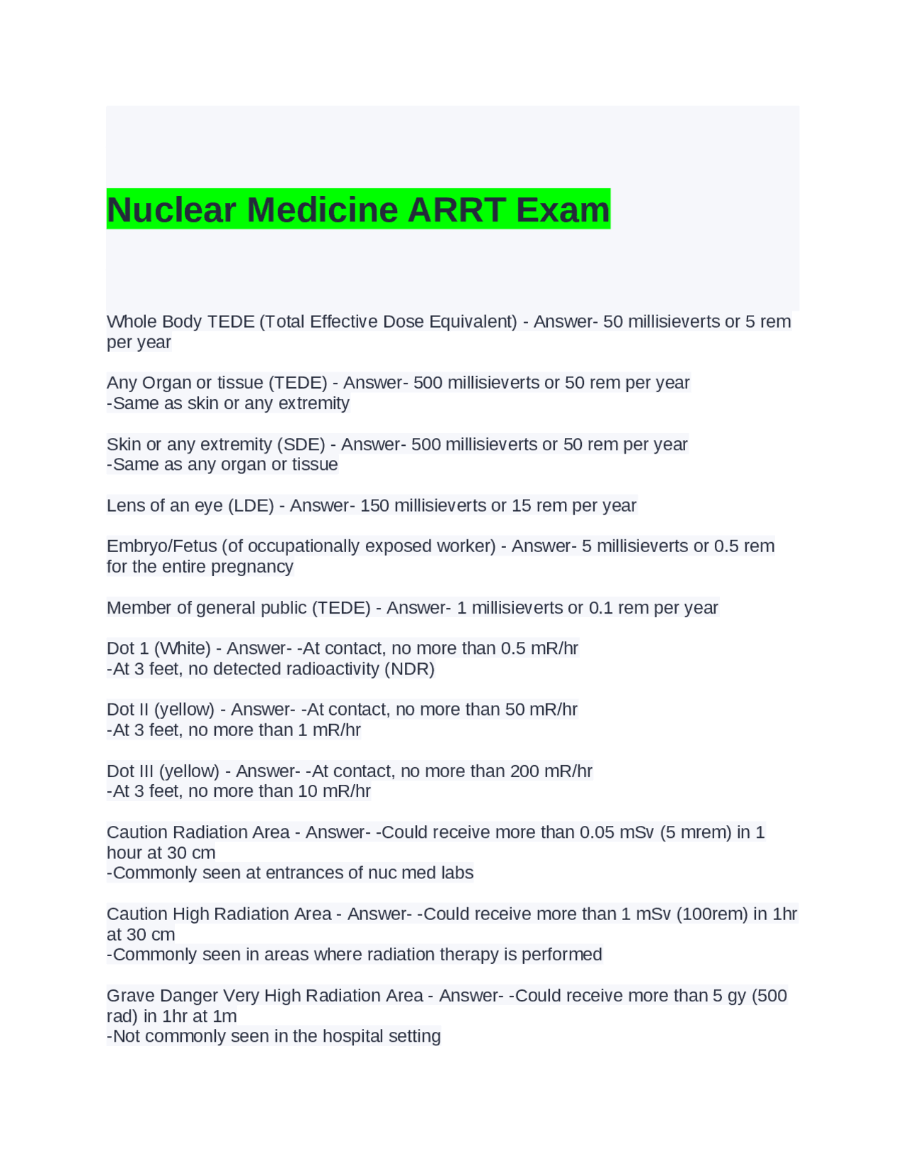 Nuclear Medicine ARRT Exam with correct Answers | Exams Nursing | Docsity
