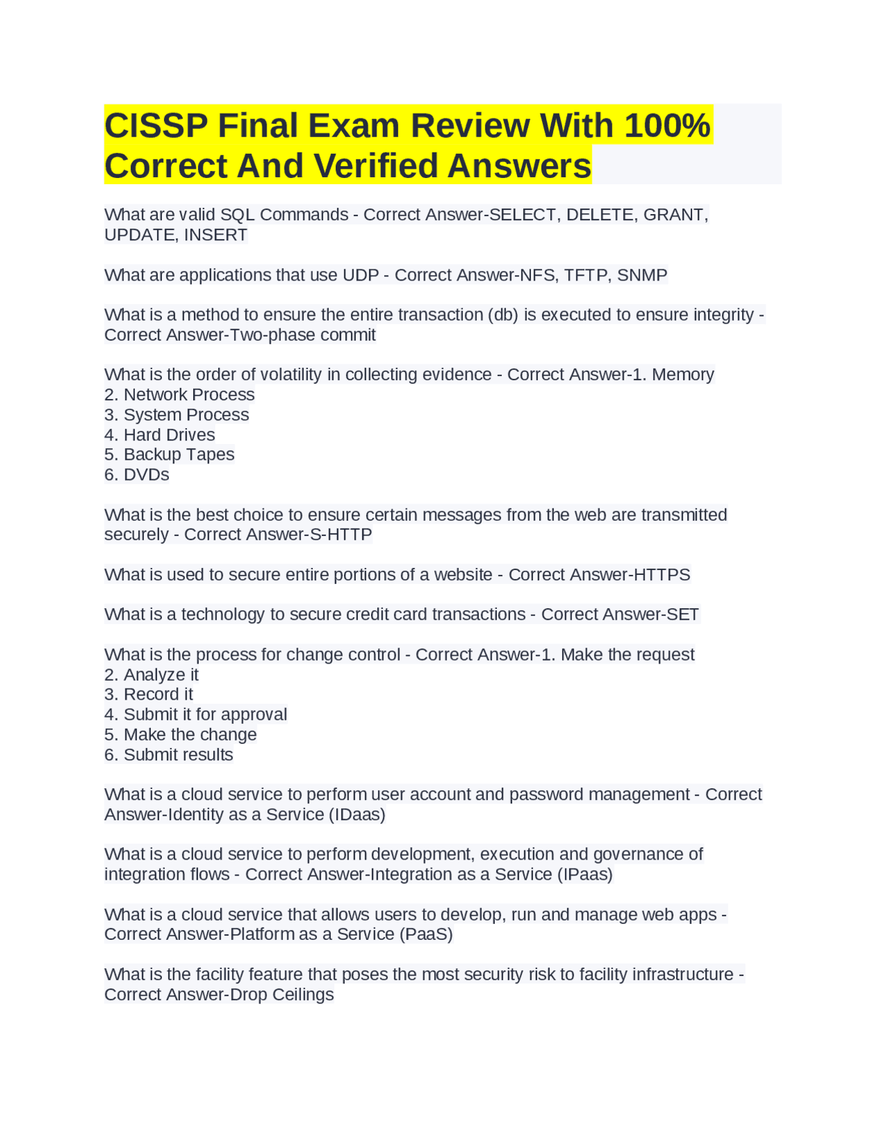 CISSP Final Exam Review With 100% Correct And Verified Answers | Exams ...