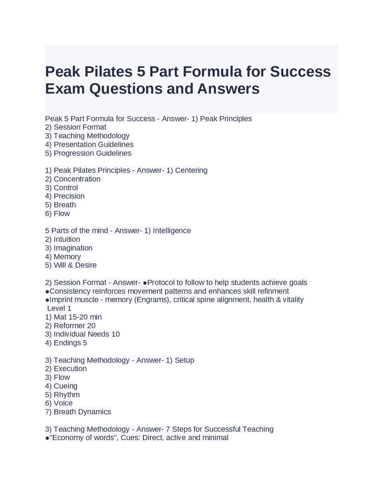 Peak Pilates 5 Part Formula for Success Exam Questions and Answers ...