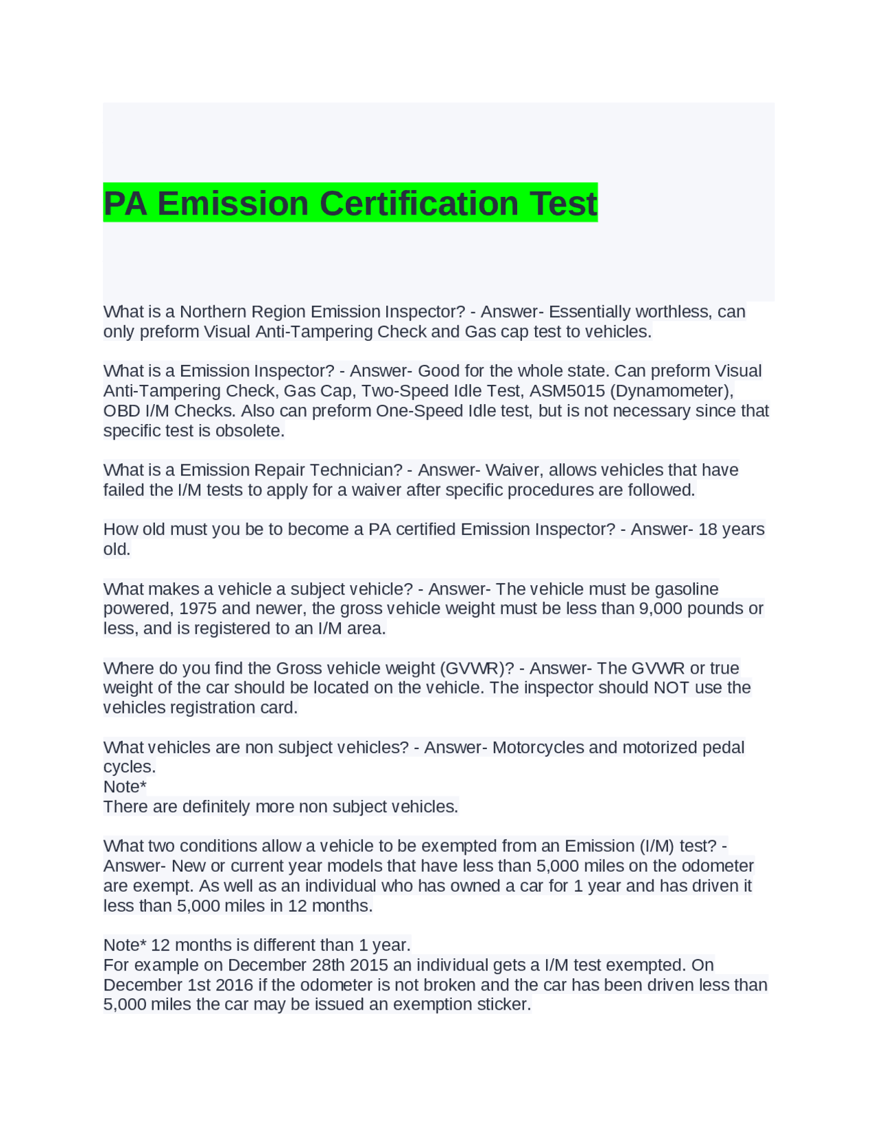 PA Emission Certification Test 100% solved | Exams Engineering | Docsity
