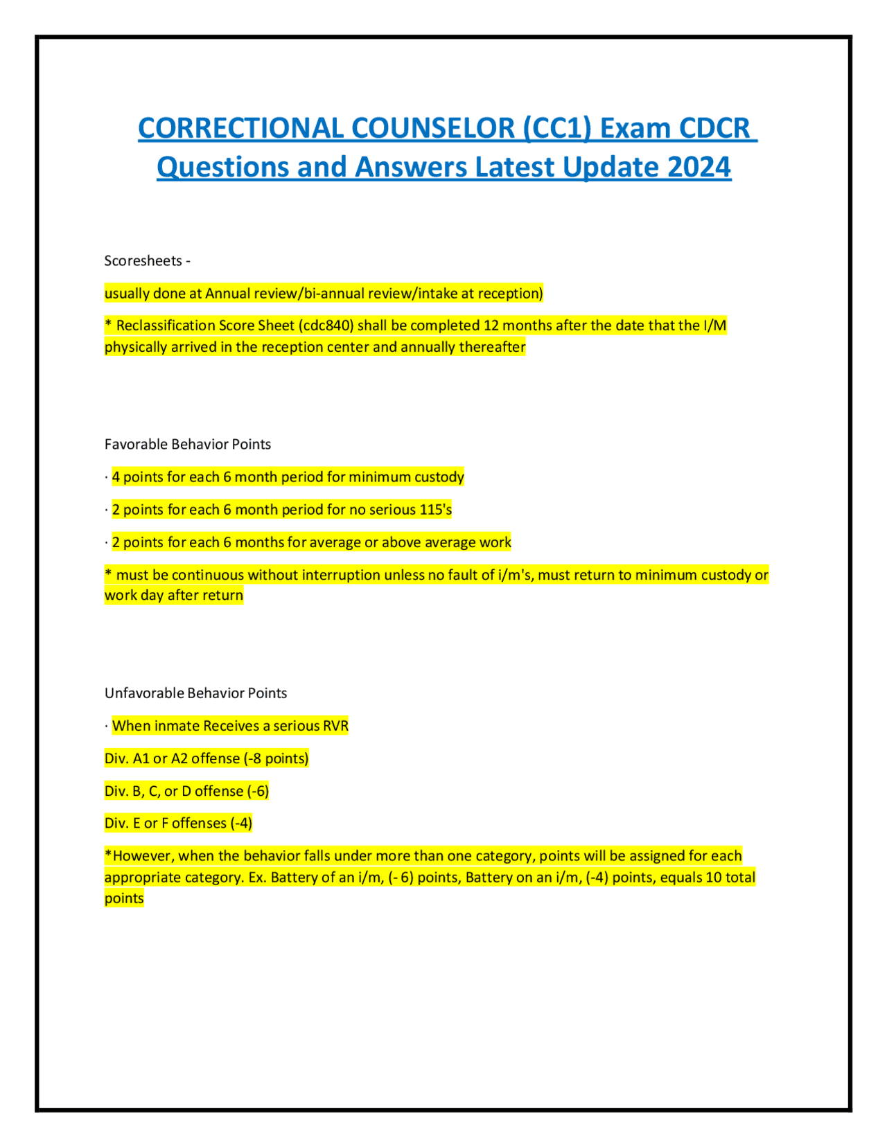 CORRECTIONAL COUNSELOR (CC1) Exam CDCR Questions and Answers Latest ...