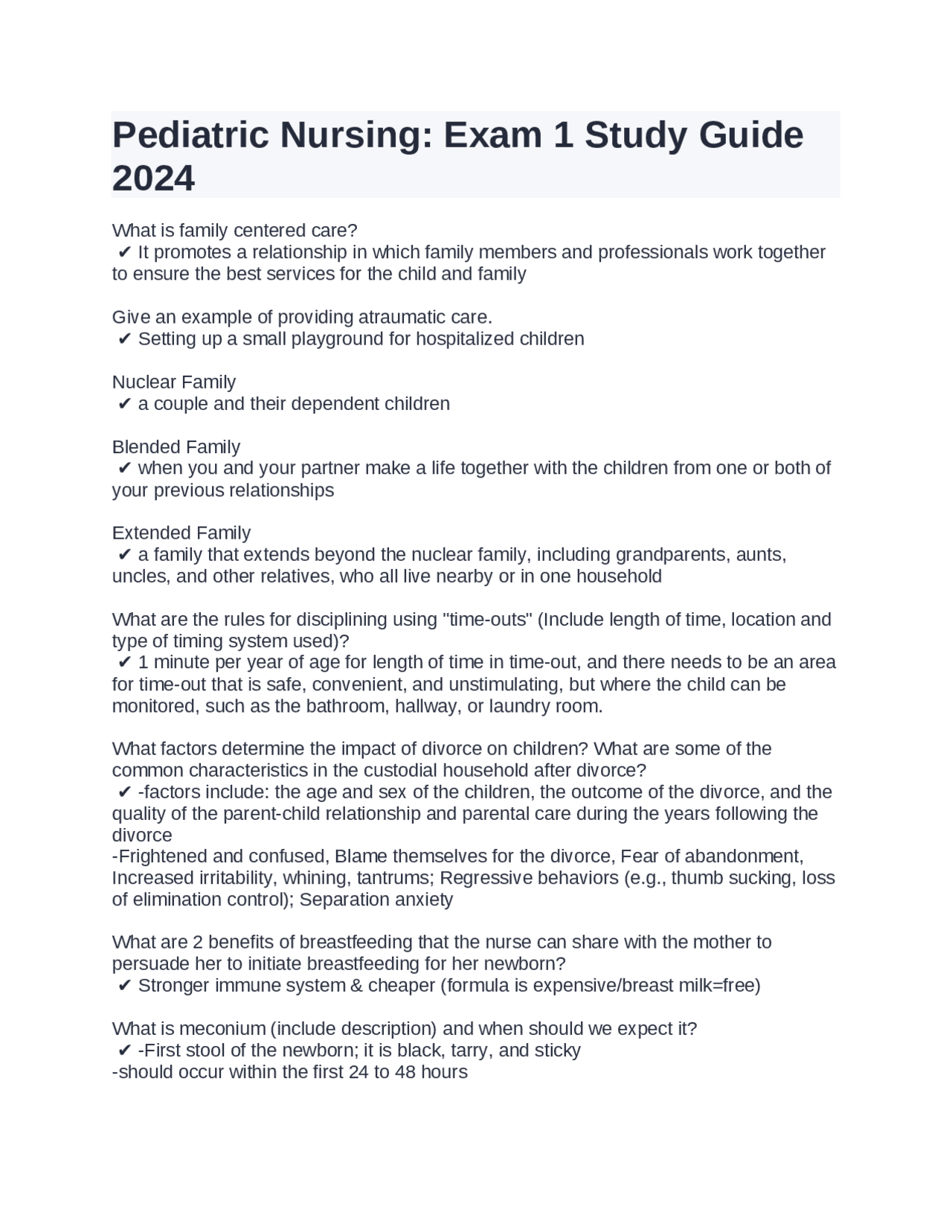 Pediatric Nursing: Exam 1 Study Guide 2024 | Exams Nursing | Docsity