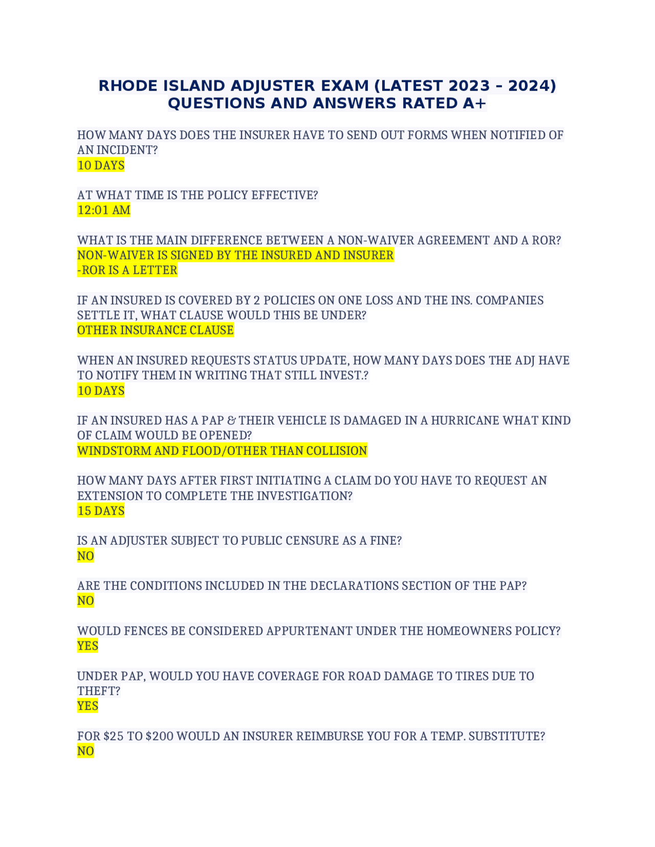 RHODE ISLAND ADJUSTER EXAM (LATEST 2023 – 2024) QUESTIONS AND ANSWERS ...