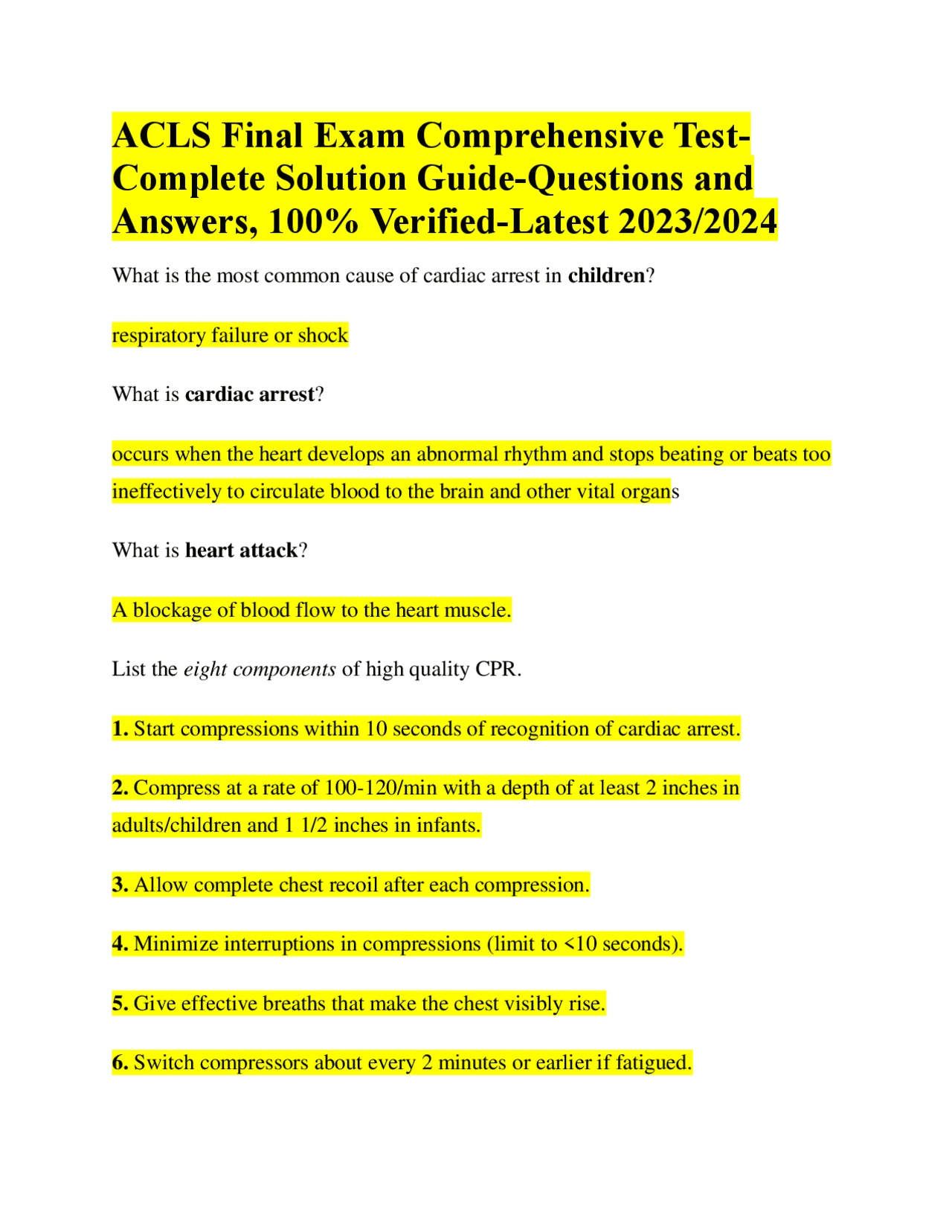 ACLS Final Exam Comprehensive Test-Complete Solution Guide-Questions ...