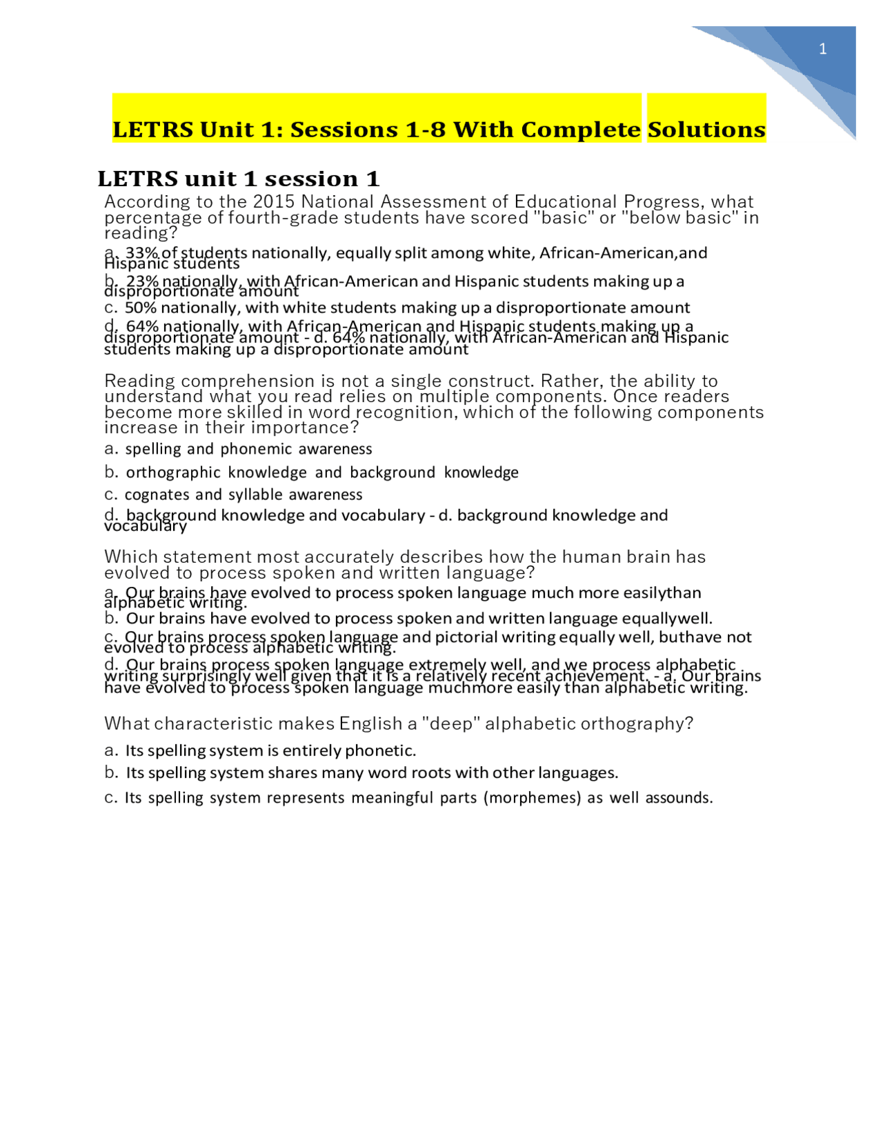 LETRS Unit 1: Sessions 1-8 With Complete Solutions Latest Update 2023/ ...