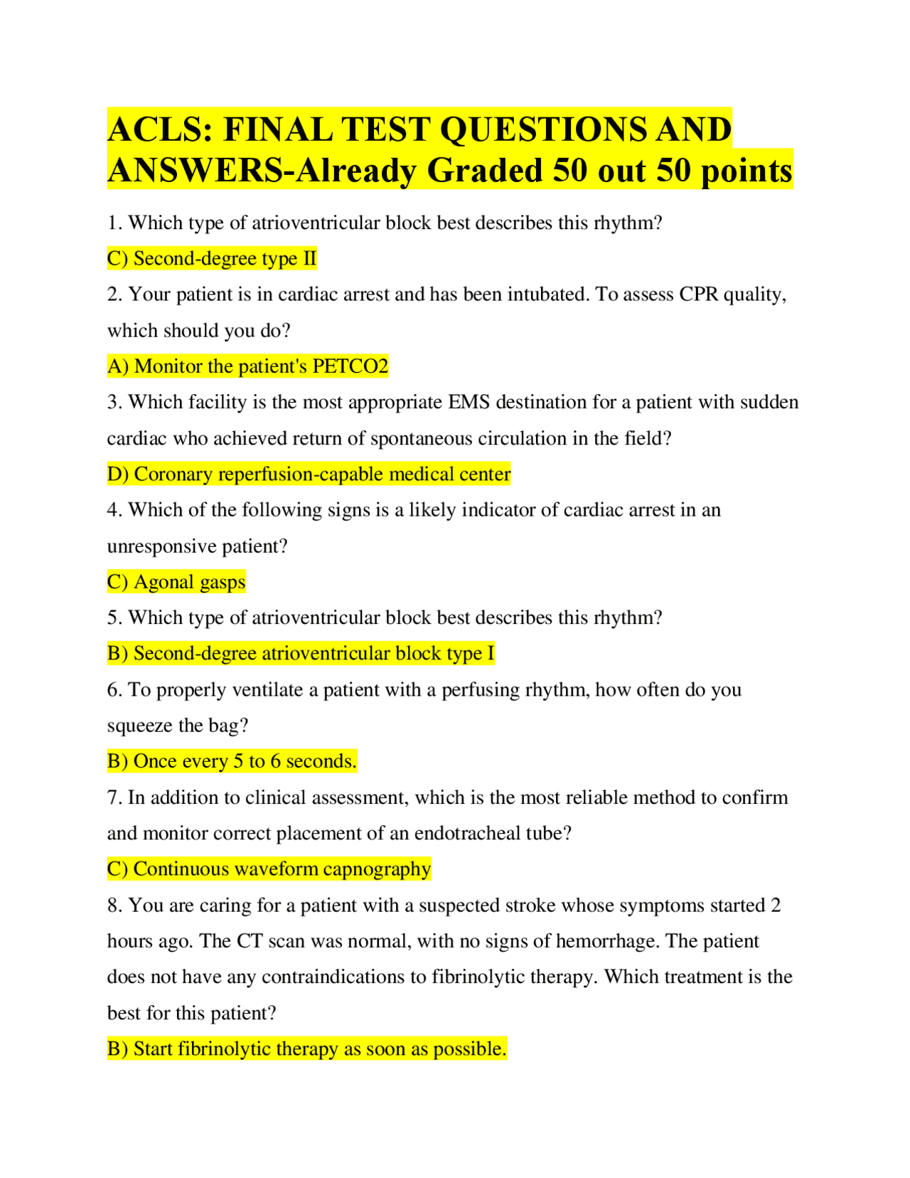 ACLS: FINAL TEST QUESTIONS AND ANSWERS-Already Graded 50 out 50 points ...