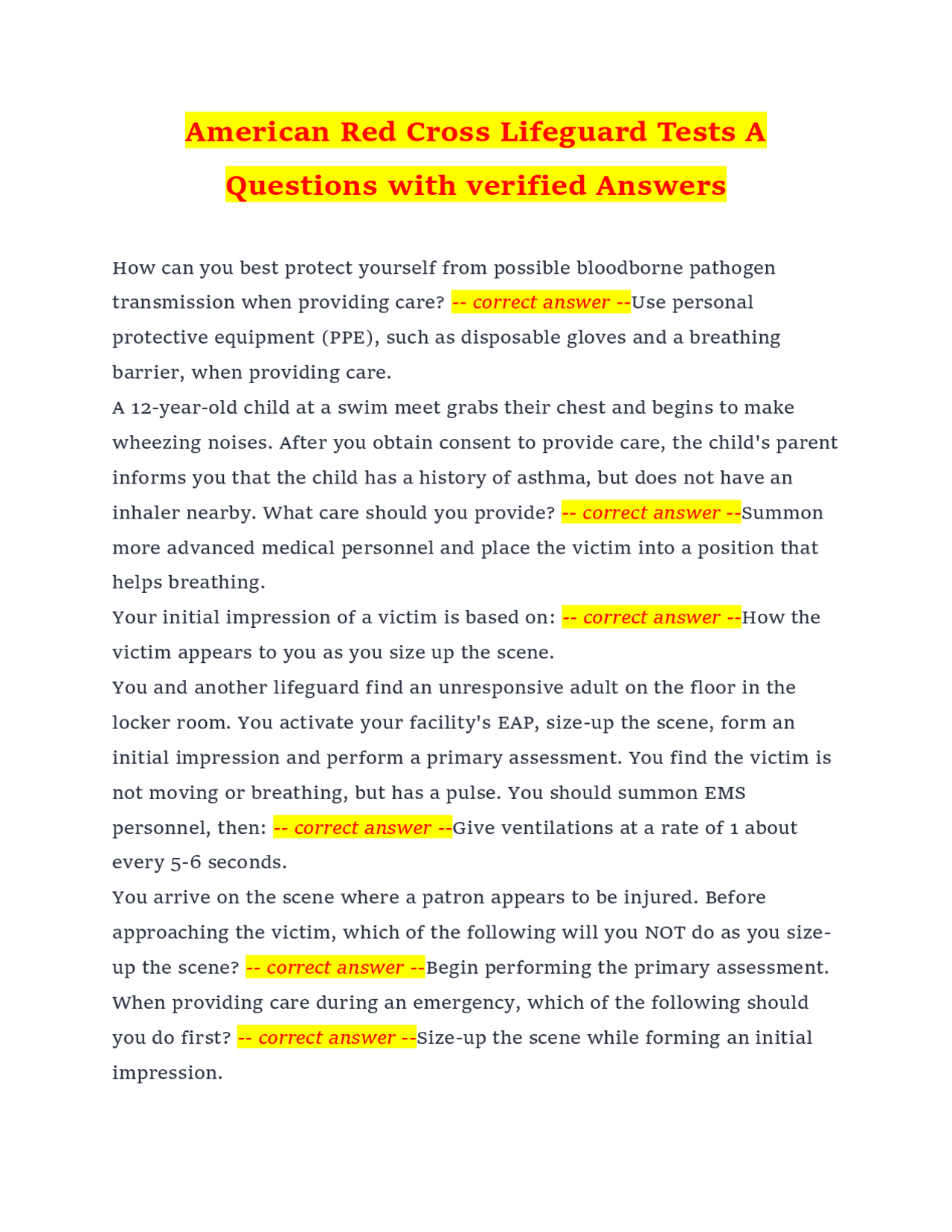 American Red Cross Lifeguard Tests A Questions with verified Answers ...