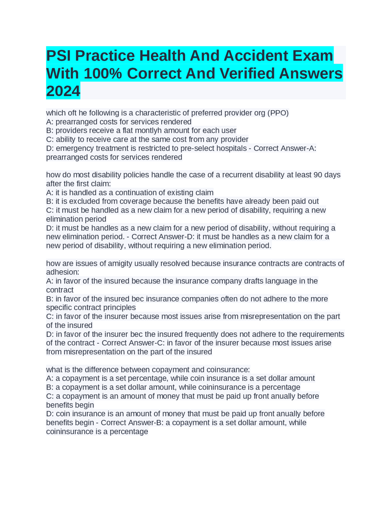 PSI Practice Health And Accident Exam With 100% Correct And Verified ...