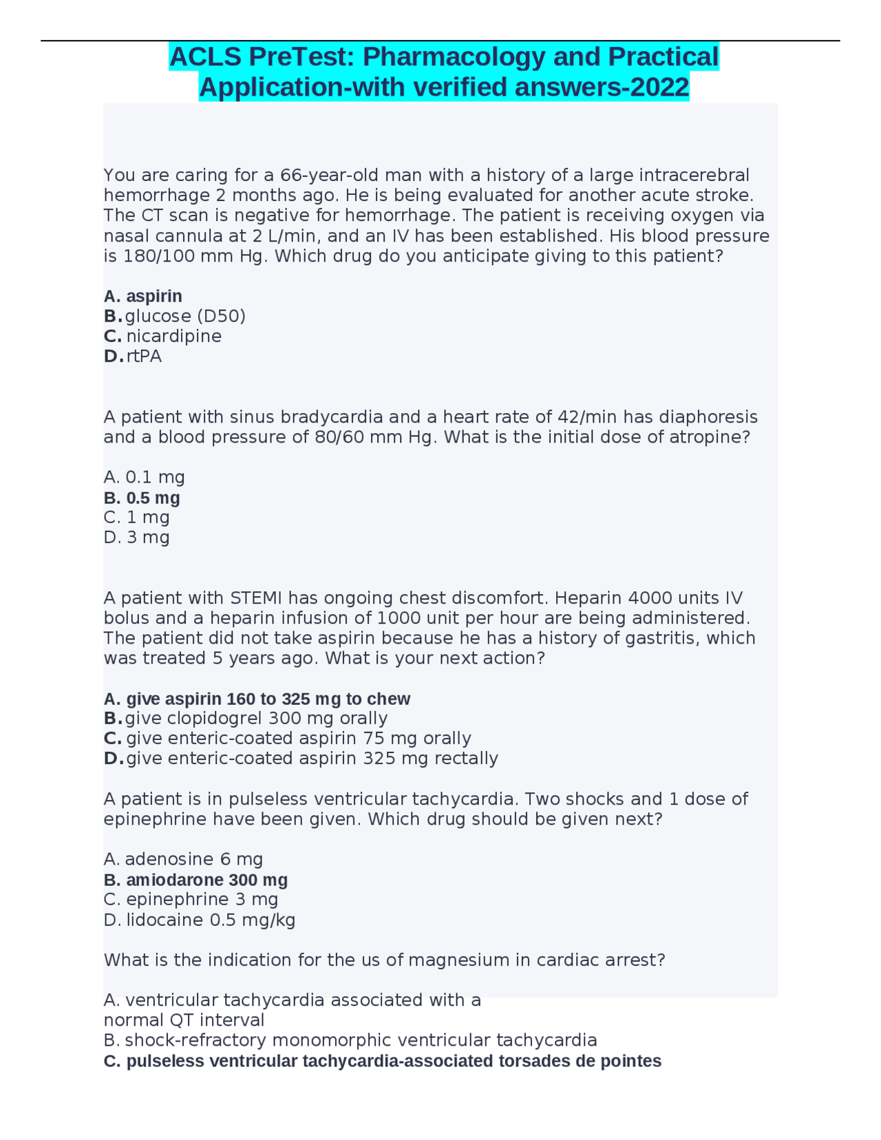 ACLS PreTest- Pharmacology and Practical Application-with verified ...