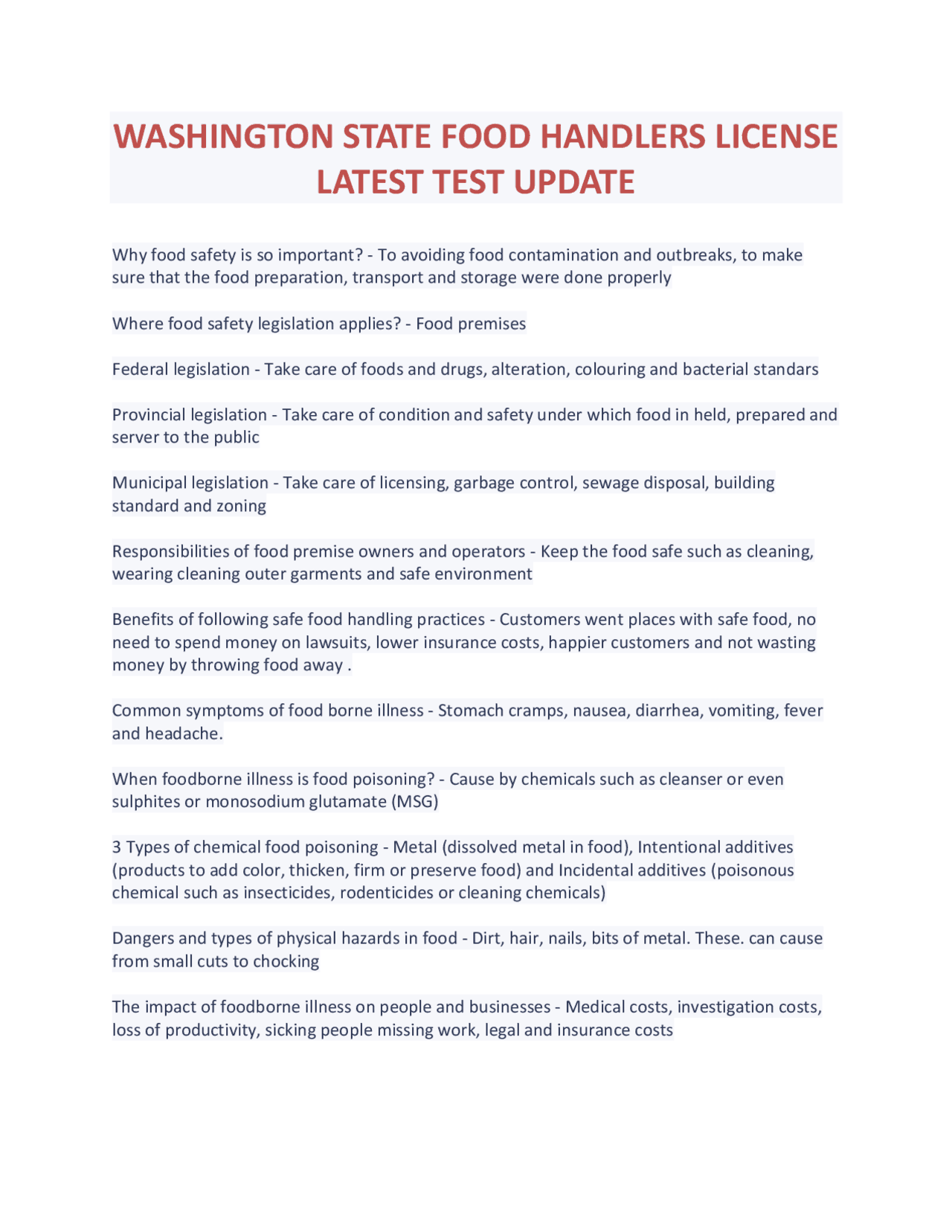 WASHINGTON STATE FOOD HANDLERS LICENSE LATEST TEST UPDATE | Exams Human ...