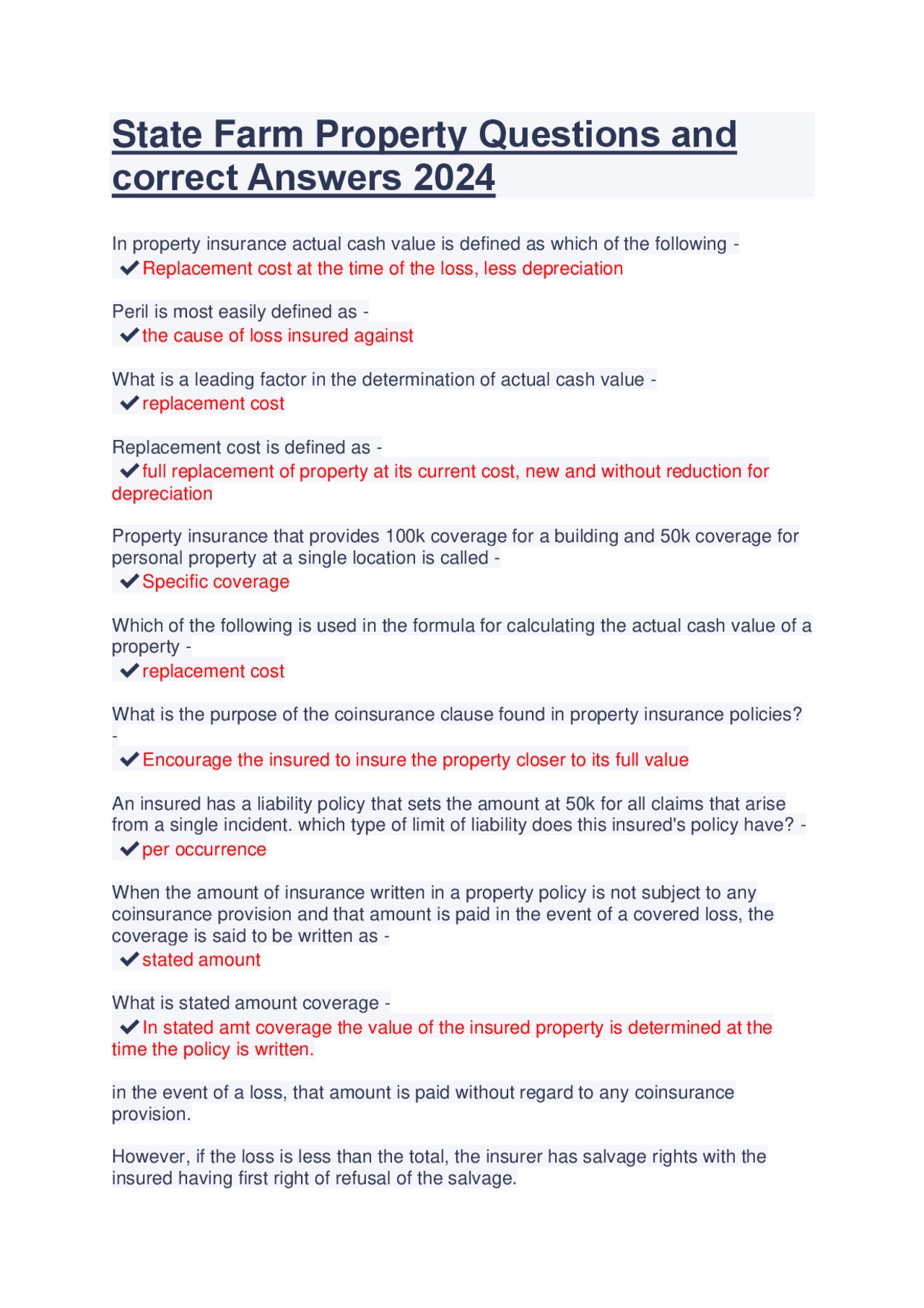 State Farm Property Questions and correct Answers 2024.pdf | Exams ...
