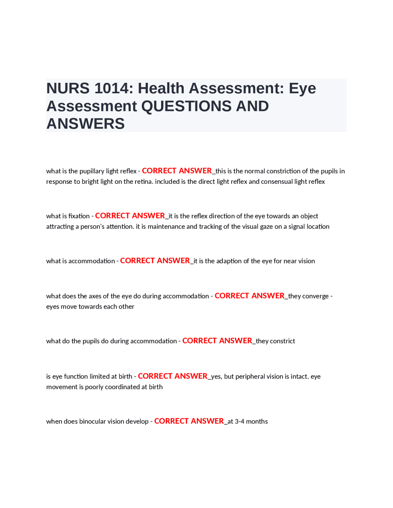 NURS 1014: Health Assessment: Eye Assessment QUESTIONS AND ANSWERS ...