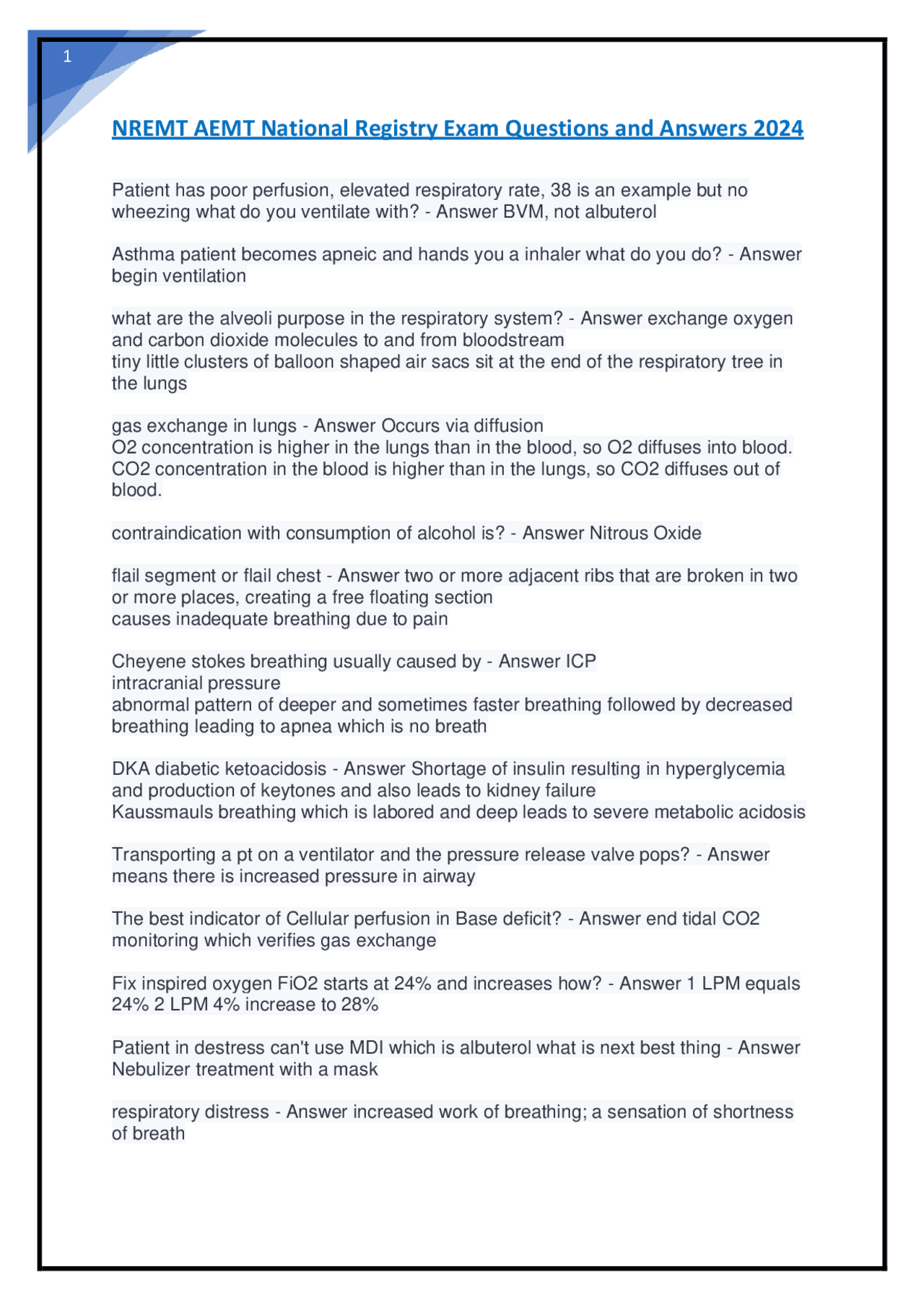NREMT AEMT National Registry Exam Questions and Answers 2024 | Exams ...