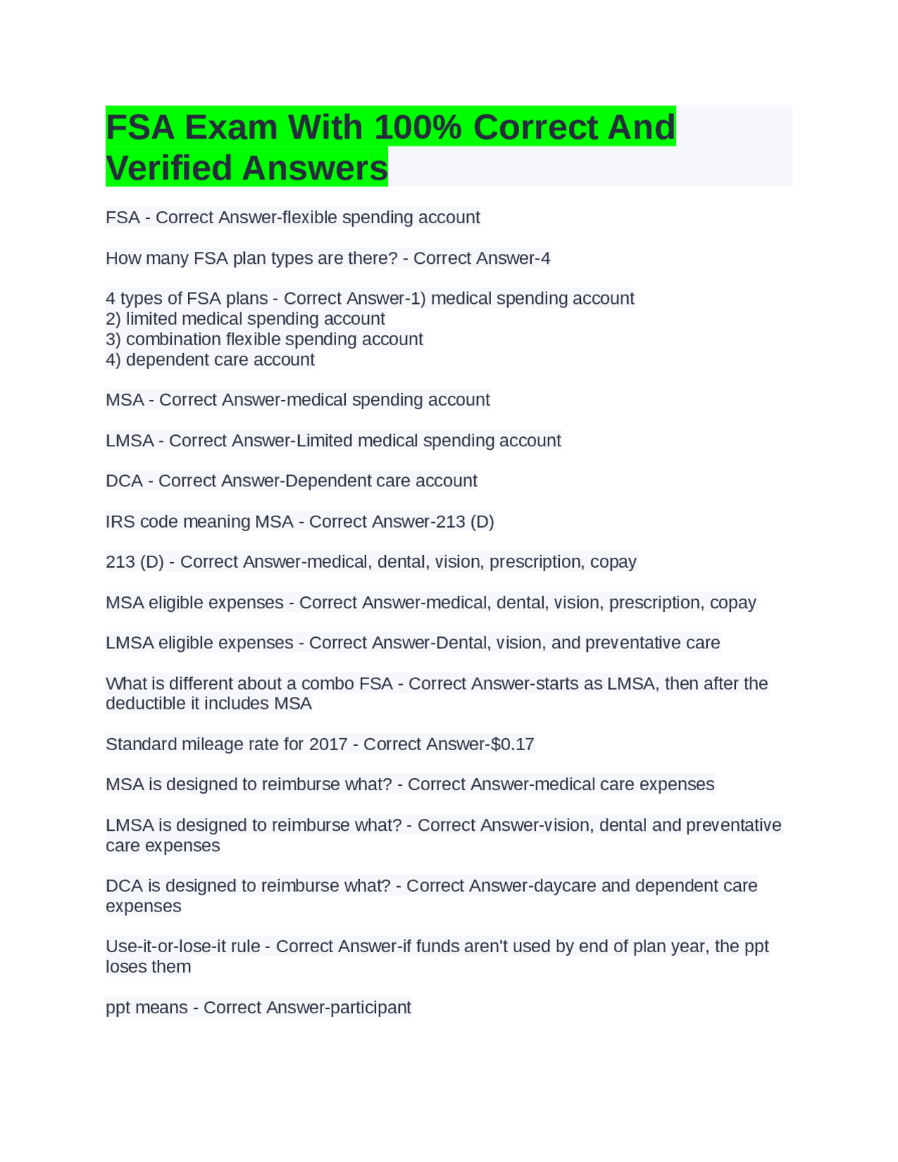 FSA Exam With 100% Correct And Verified Answers | Exams Advanced ...