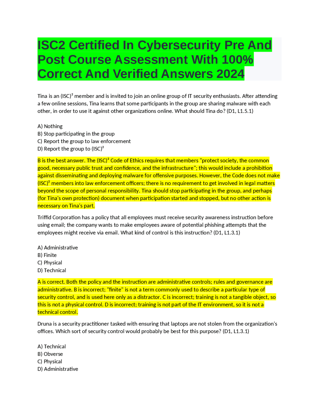 ISC2 Certified In Cybersecurity Pre And Post Course Assessment With 100 ...