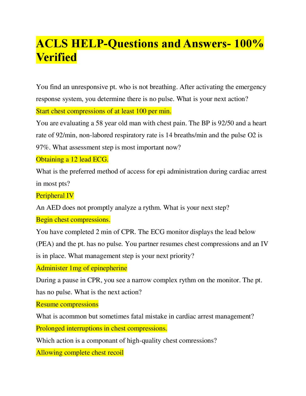 ACLS HELP-Questions and Answers- 100% Verified | Exams Cardiology | Docsity