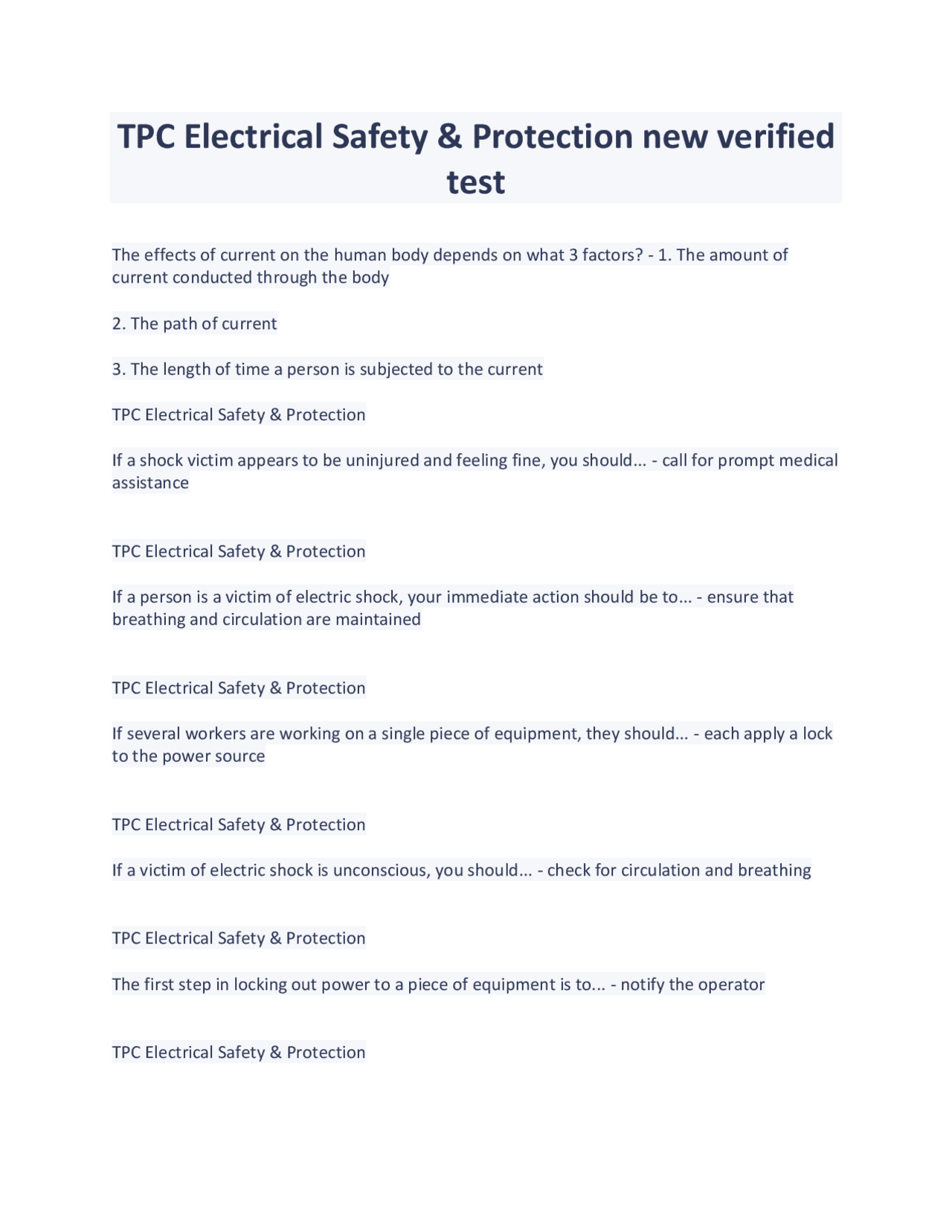 TPC Electrical Safety & Protection new verified test | Exams Electrical ...