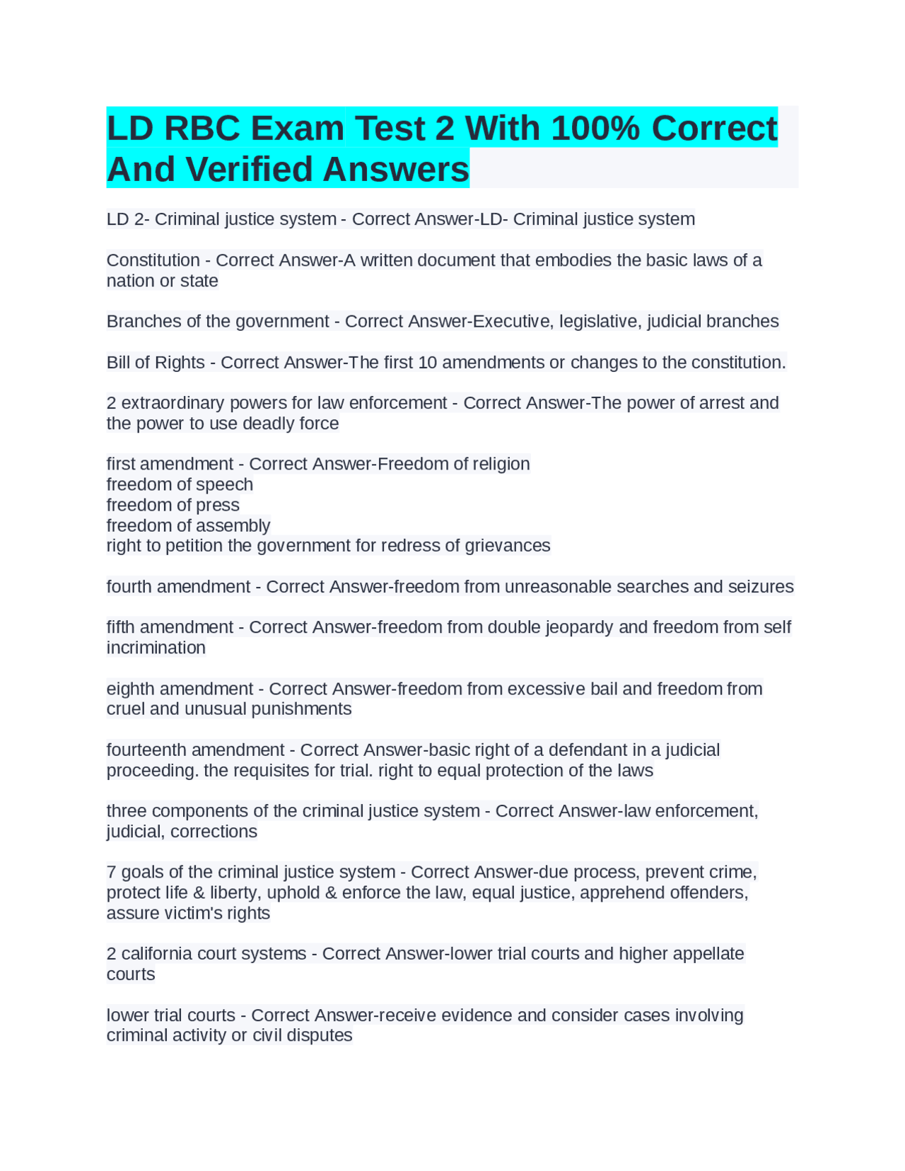 LD RBC Exam Test 2 With 100% Correct And Verified Answers | Exams ...