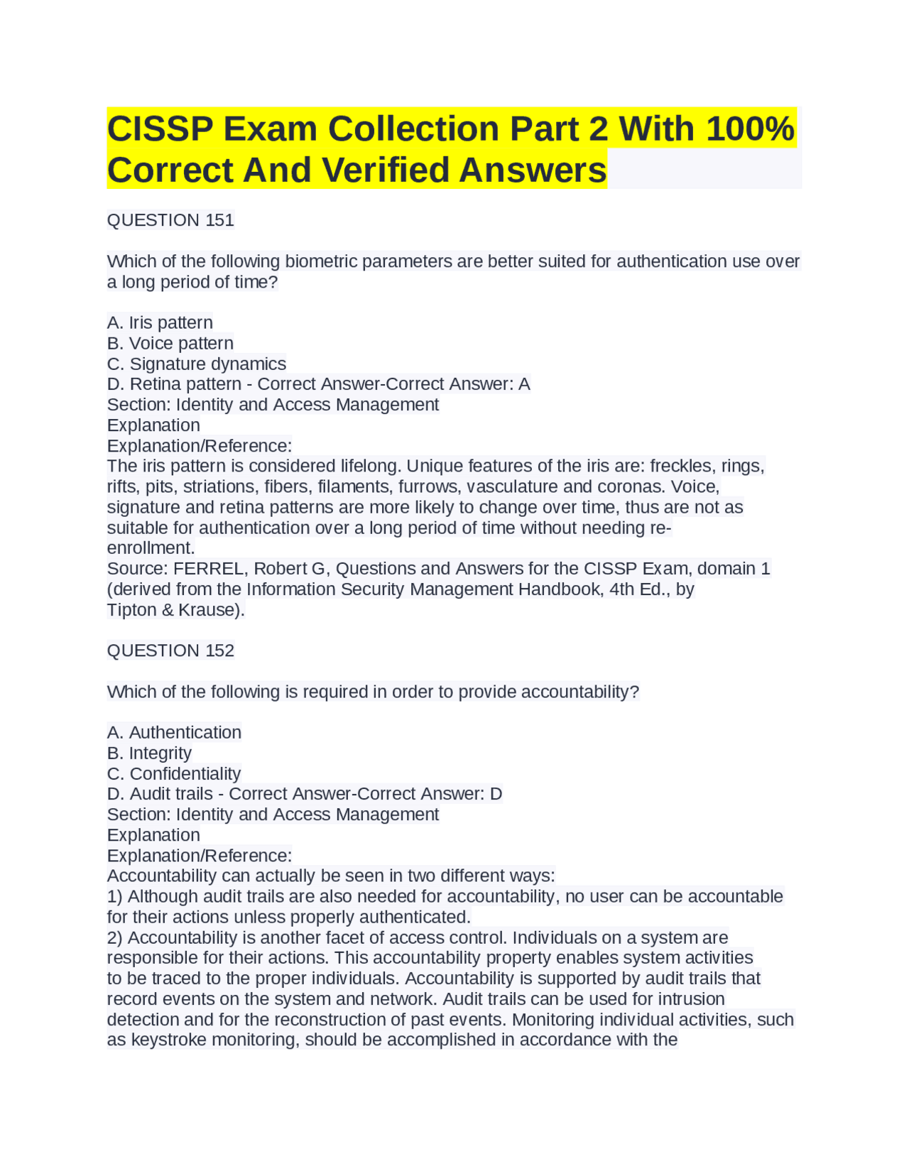 CISSP Exam Collection Part 2 With 100% Correct And Verified Answers ...