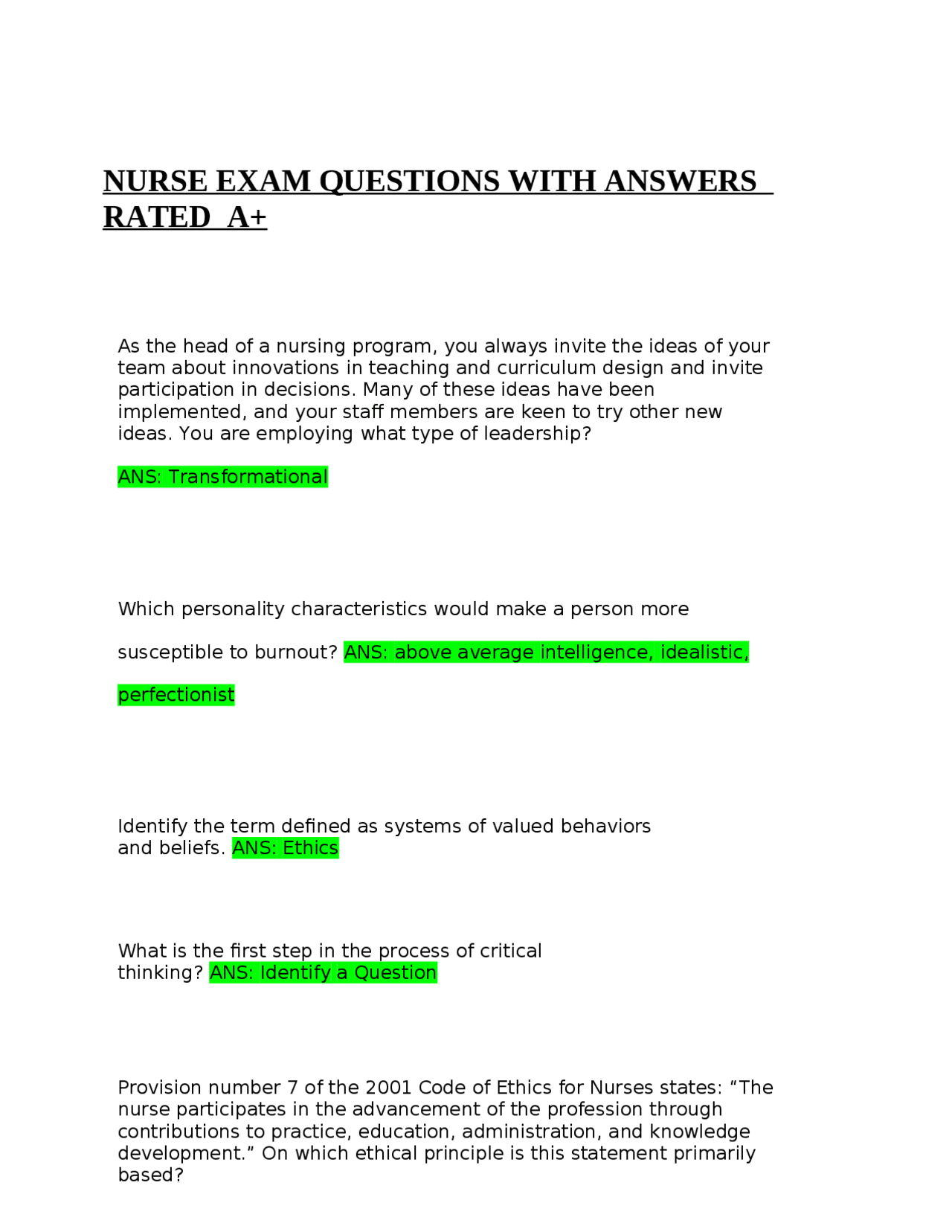NURSE EXAM QUESTIONS WITH ANSWERS RATED A+ | Exams Nursing | Docsity