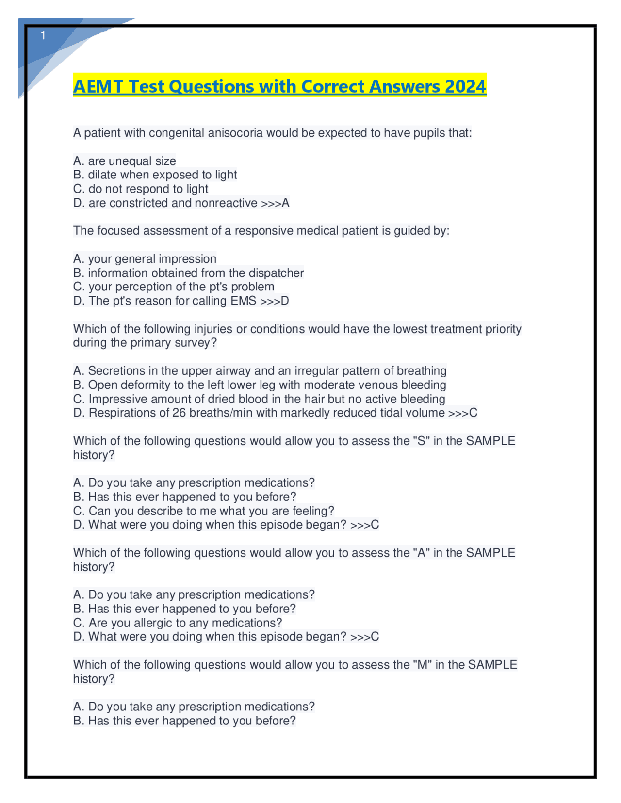 AEMT Test Questions with Correct Answers 2024 | Exams Nursing | Docsity