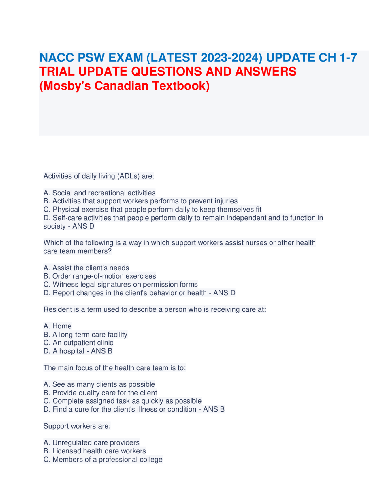 NACC PSW EXAM (LATEST 2023-2024) UPDATE CH 1-7 TRIAL UPDATE QUESTIONS ...