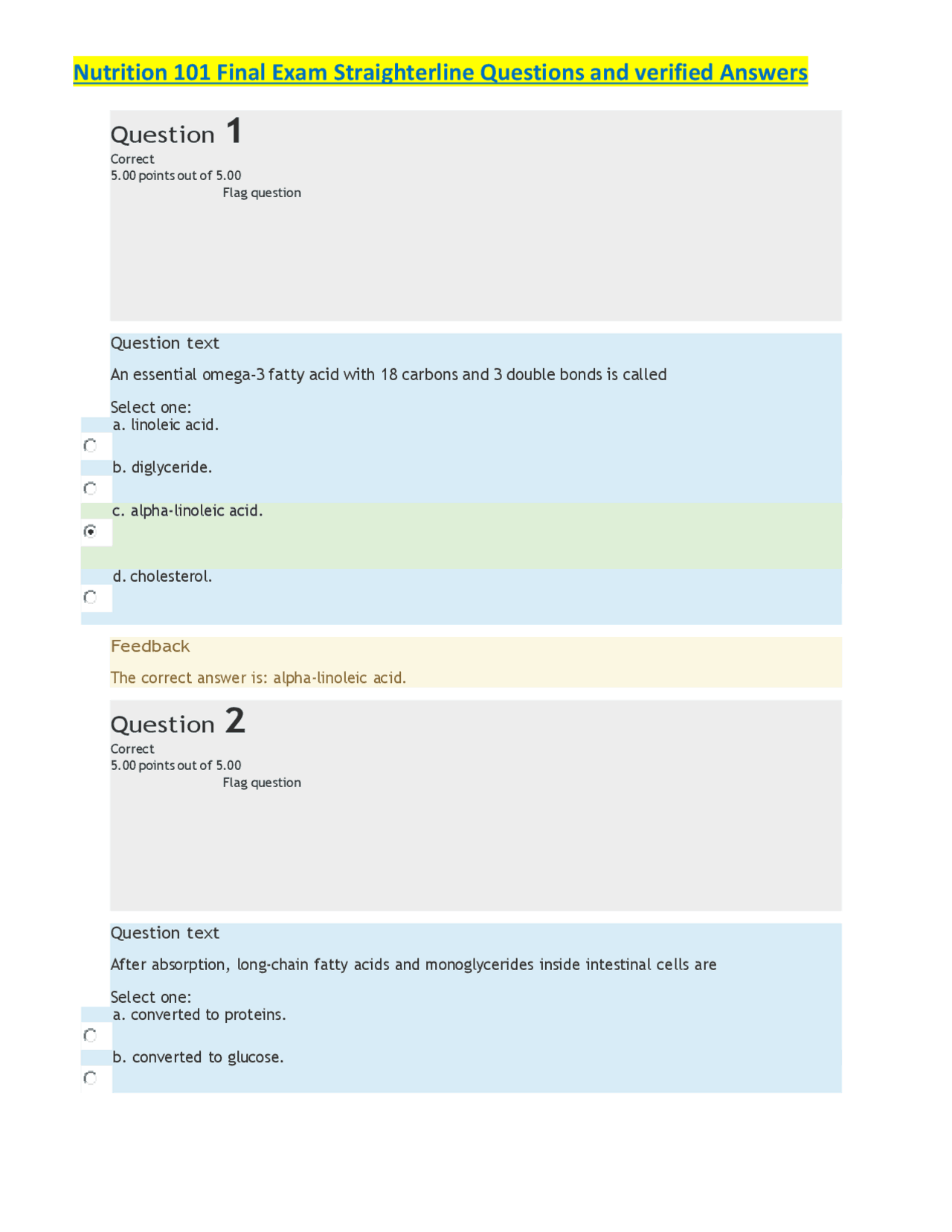 Nutrition 101 Final Exam Straighterline Questions and verified Answers | Exams Nursing | Docsity