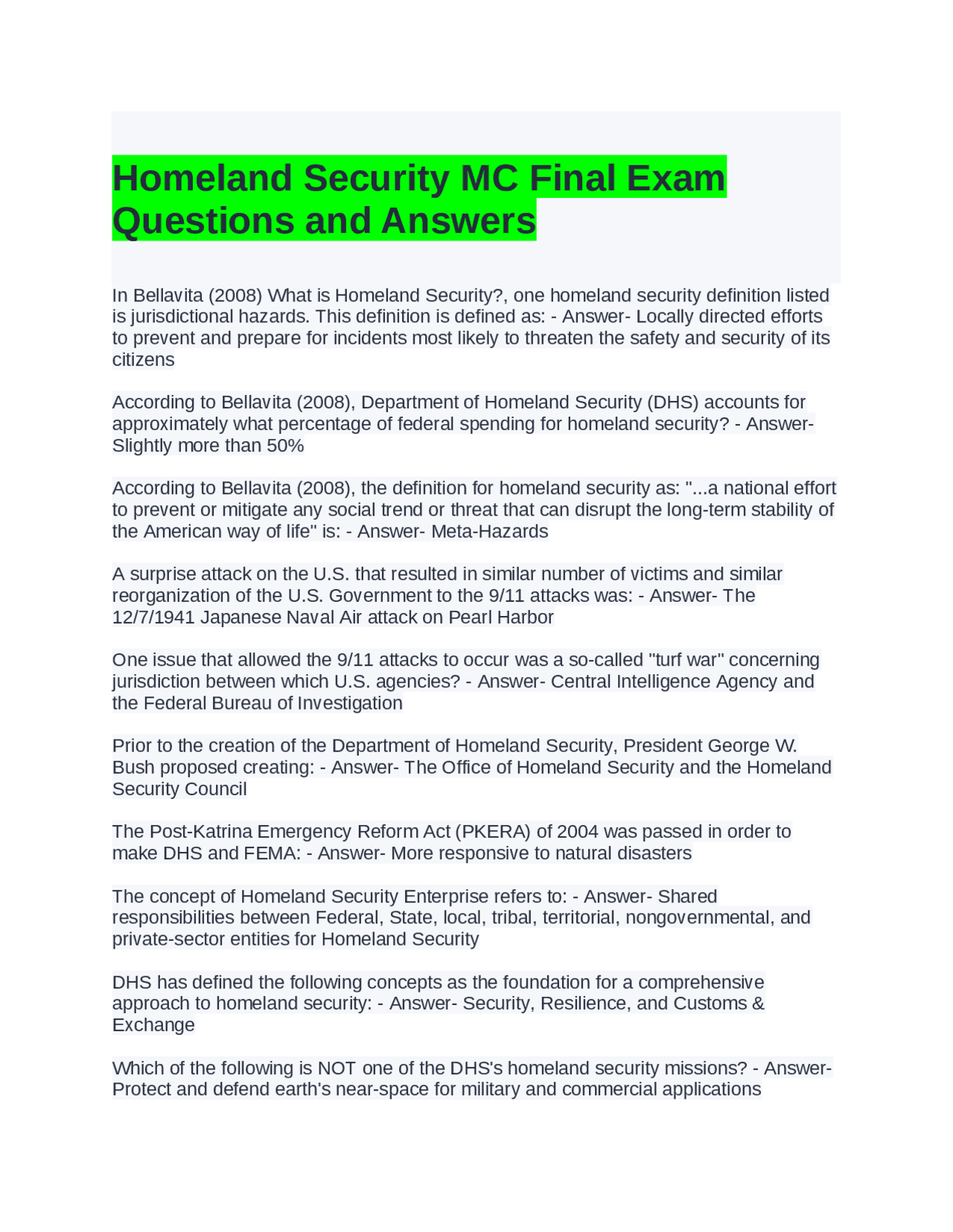Homeland Security MC Final Exam Questions and Answer | Exams Social ...