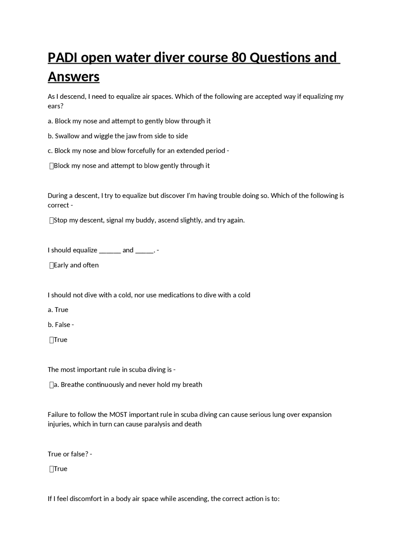 PADI open water diver course 80 Questions and Answers | Exams Sociology ...