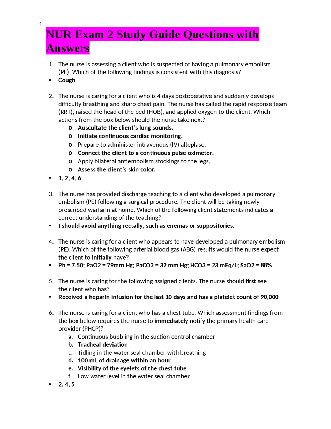 NUR Exam 2 Study Guide Questions with Answers | Exams Nursing | Docsity