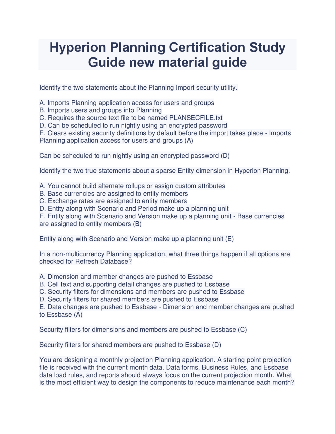 Hyperion Planning Certification Study Guide new material guide | Exams ...