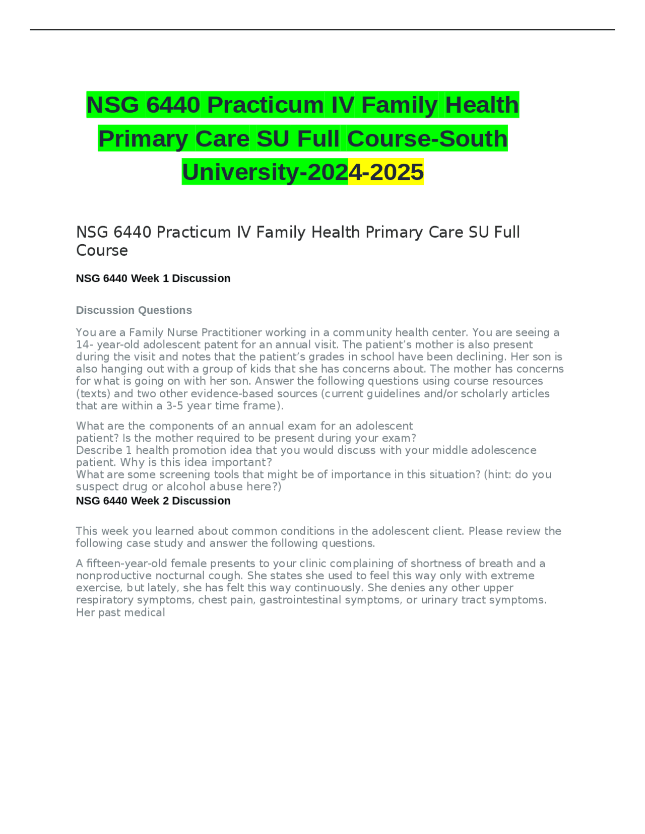 NSG 6440 Practicum IV Family Health Primary Care SU Full Course-South University-2024-2025 ...